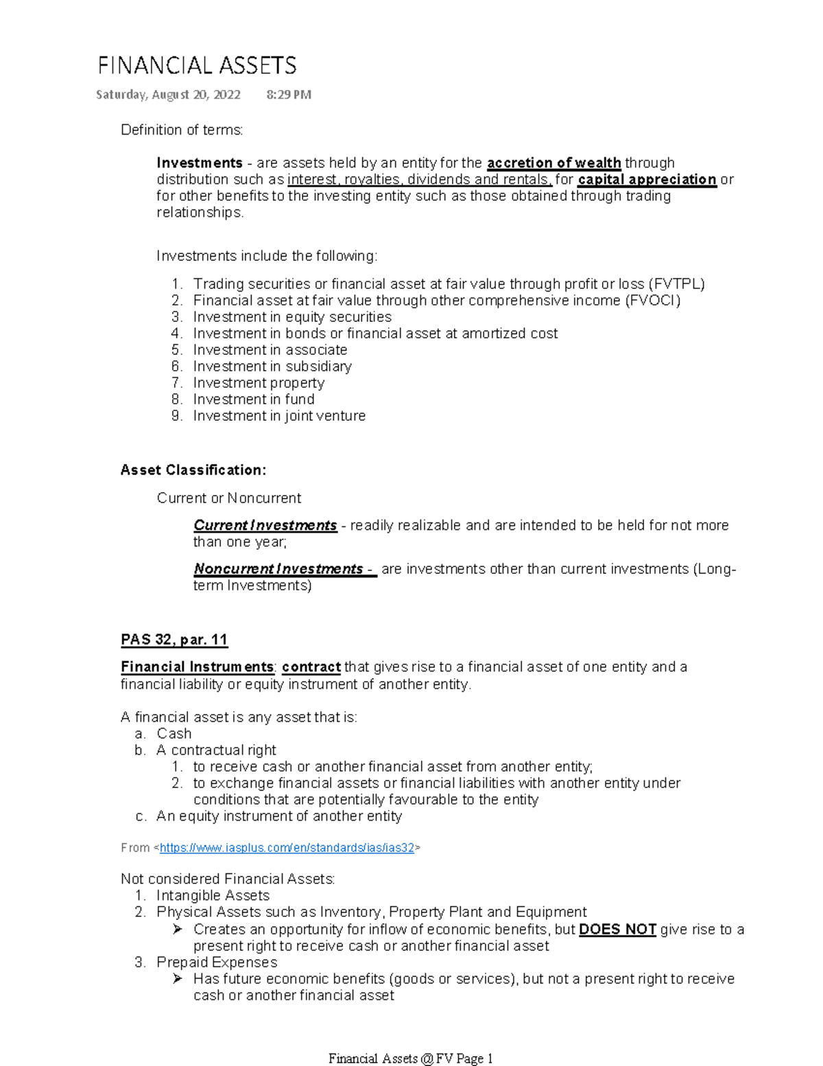 Financial Assets Part I - Definition of terms: Investments - are assets ...