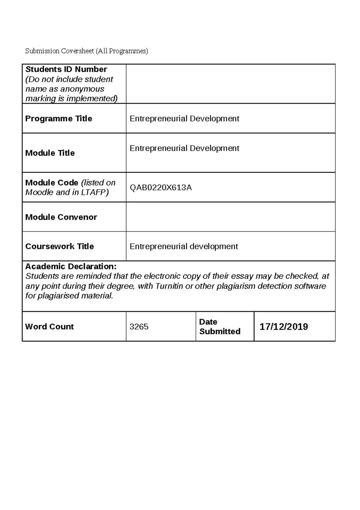 Entrepreneurial development - Submission Coversheet (All Programmes ...