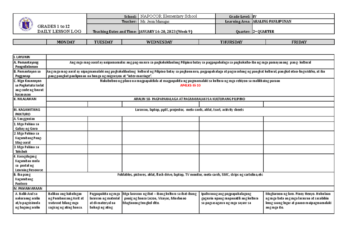 AP - This is a sample daily lesson log for one week. This will help as ...