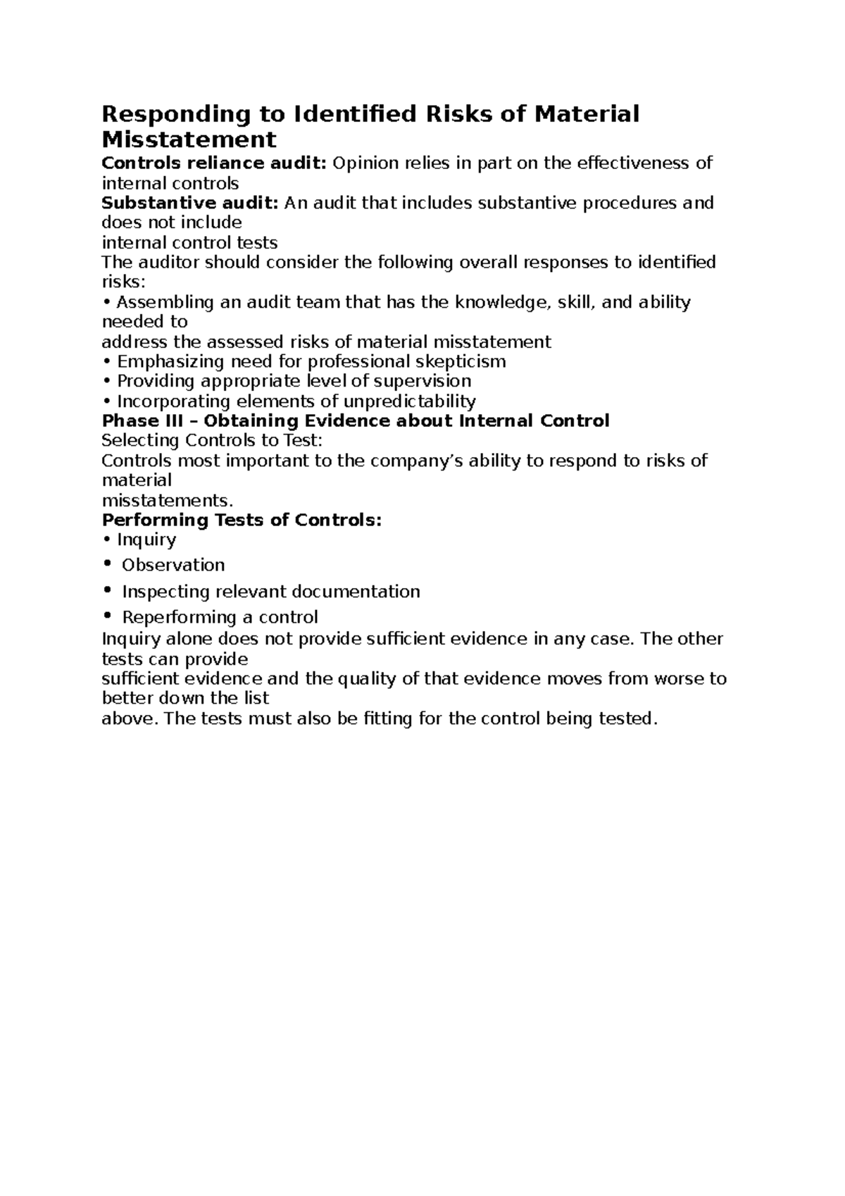 Responding to Identified Risks of Material Misstatement - Performing ...