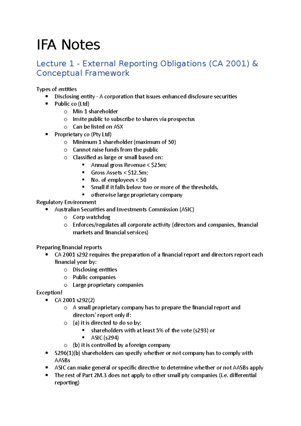 IFA Notes - IFA Notes Lecture 1 - External Reporting Obligations (CA ...