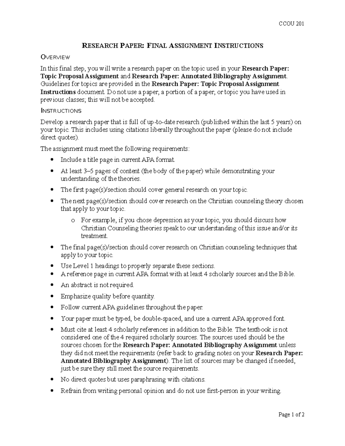 Research Paper Final Assignment Instructions - CCOU 201 RESEARCH PAPER ...