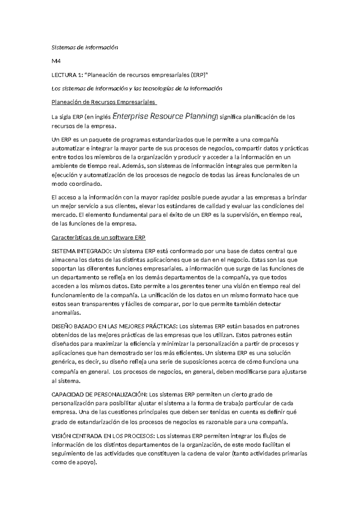 M4 completo, las 4 lecturas - Sistemas de Información M LECTURA 1: “Planeación de recursos - Studocu