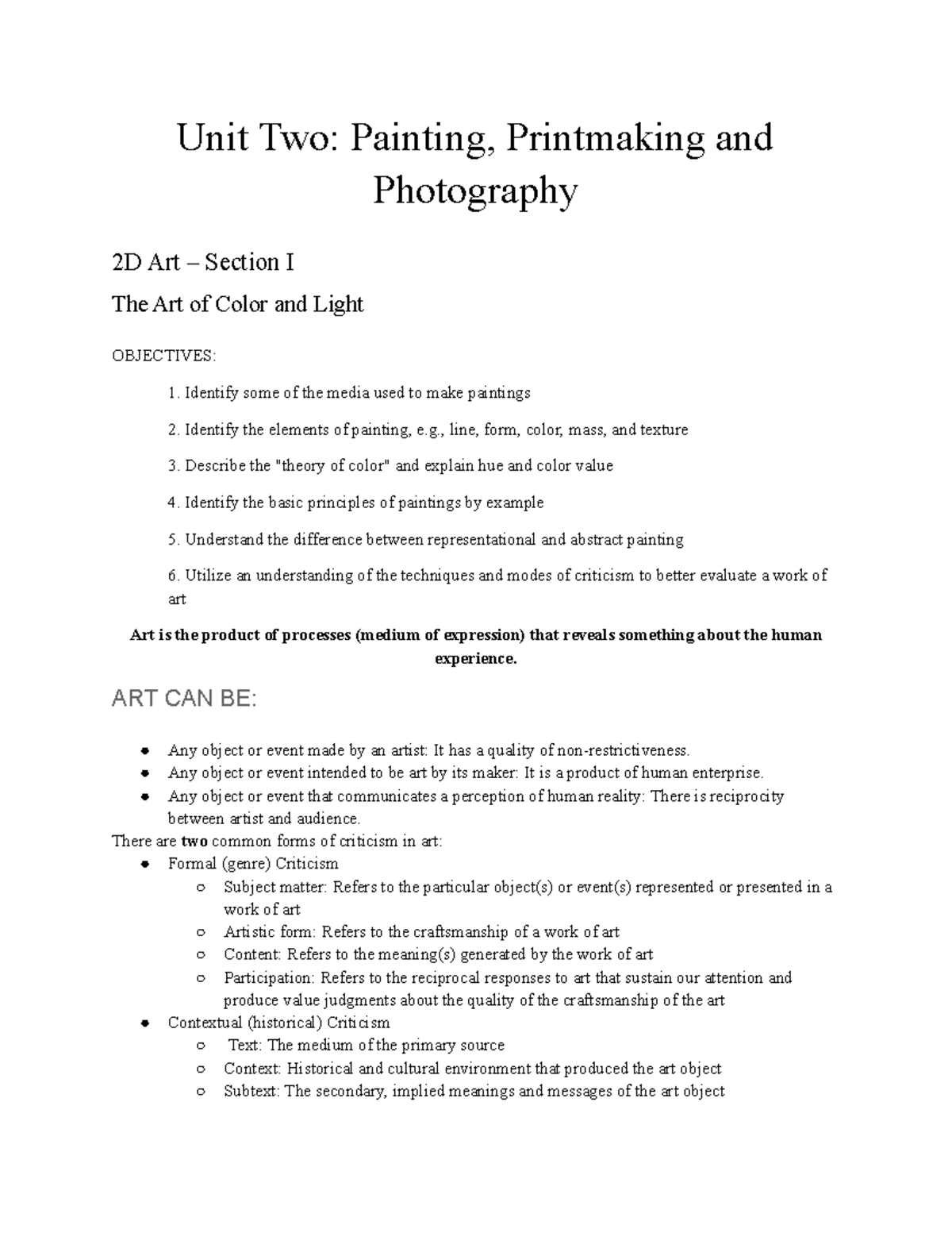 Unit Two Painting, Printmaking and Photography - Unit Two: Painting ...