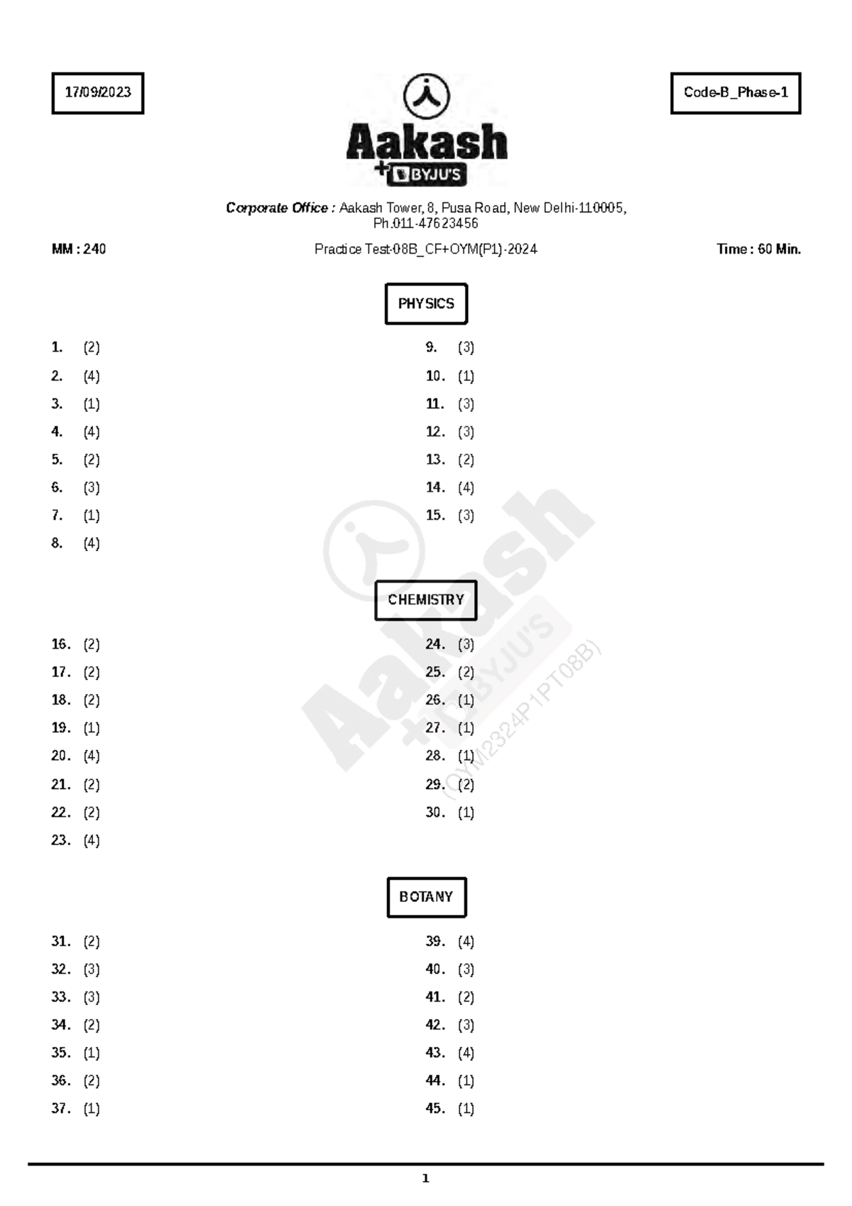 Practice Test-08B CF OYM(P1) 17-09-2023 Sol - 17/09/ Corporate Office ...