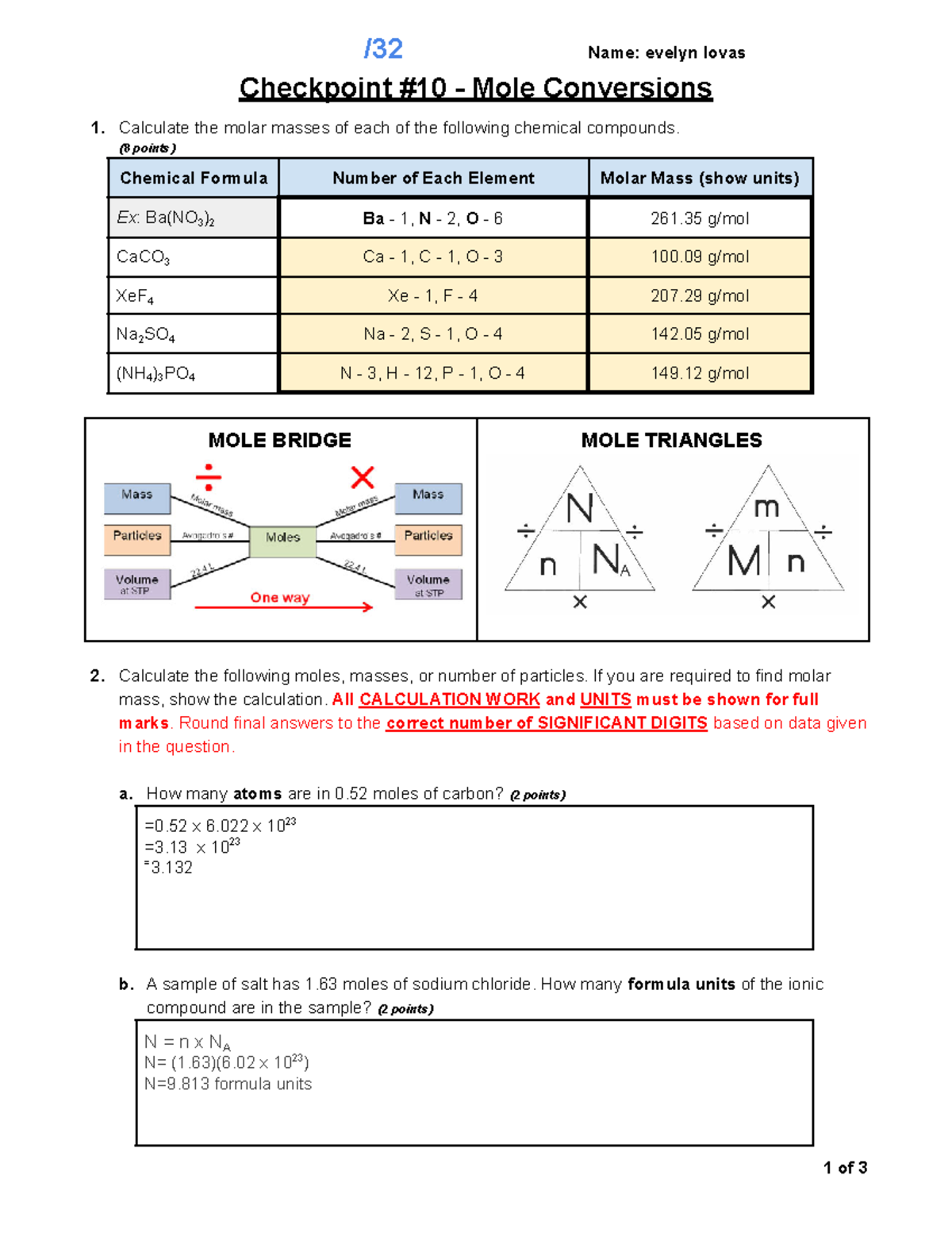 Mole Conversions - Calculate the molar masses of each of the following ...