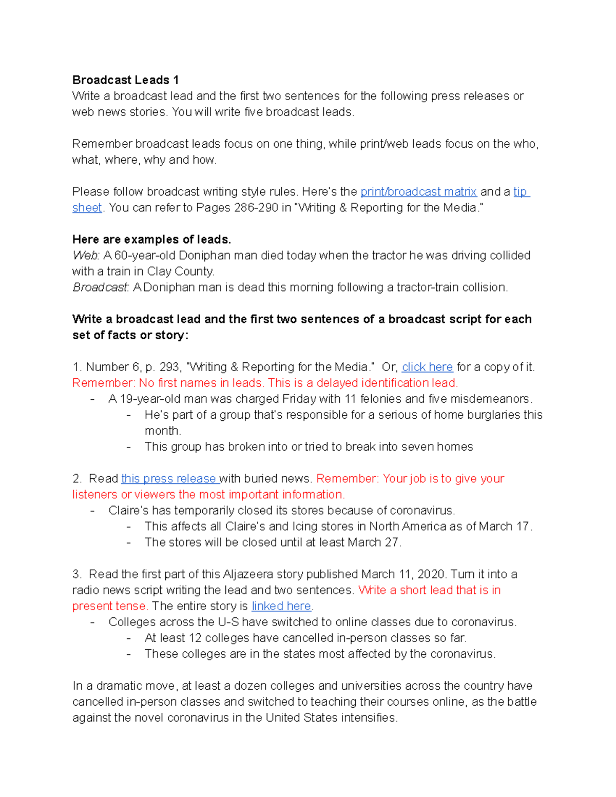 Broadcast Leads 1 - You will write five broadcast leads. Remember ...