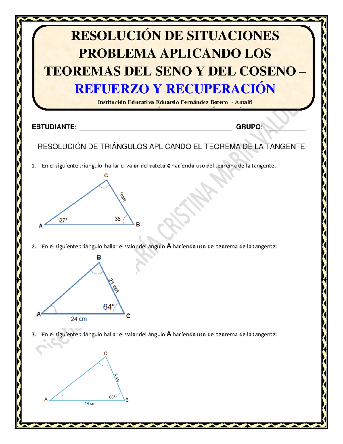 Recuperación teoremas del seno, coseno y tangente - ####### ESTUDIANTE ...