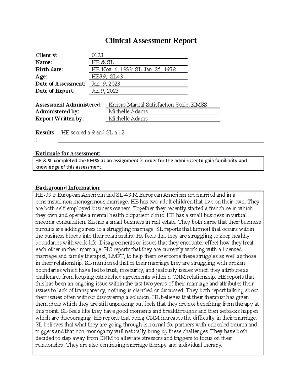 Clinical Assessment Couples Report - Clinical Assessment Report Client ...
