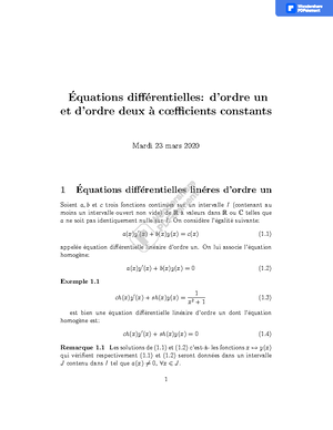 équations différentielles: d’ordre un ´ et d’ordre deux `a coefficients ...