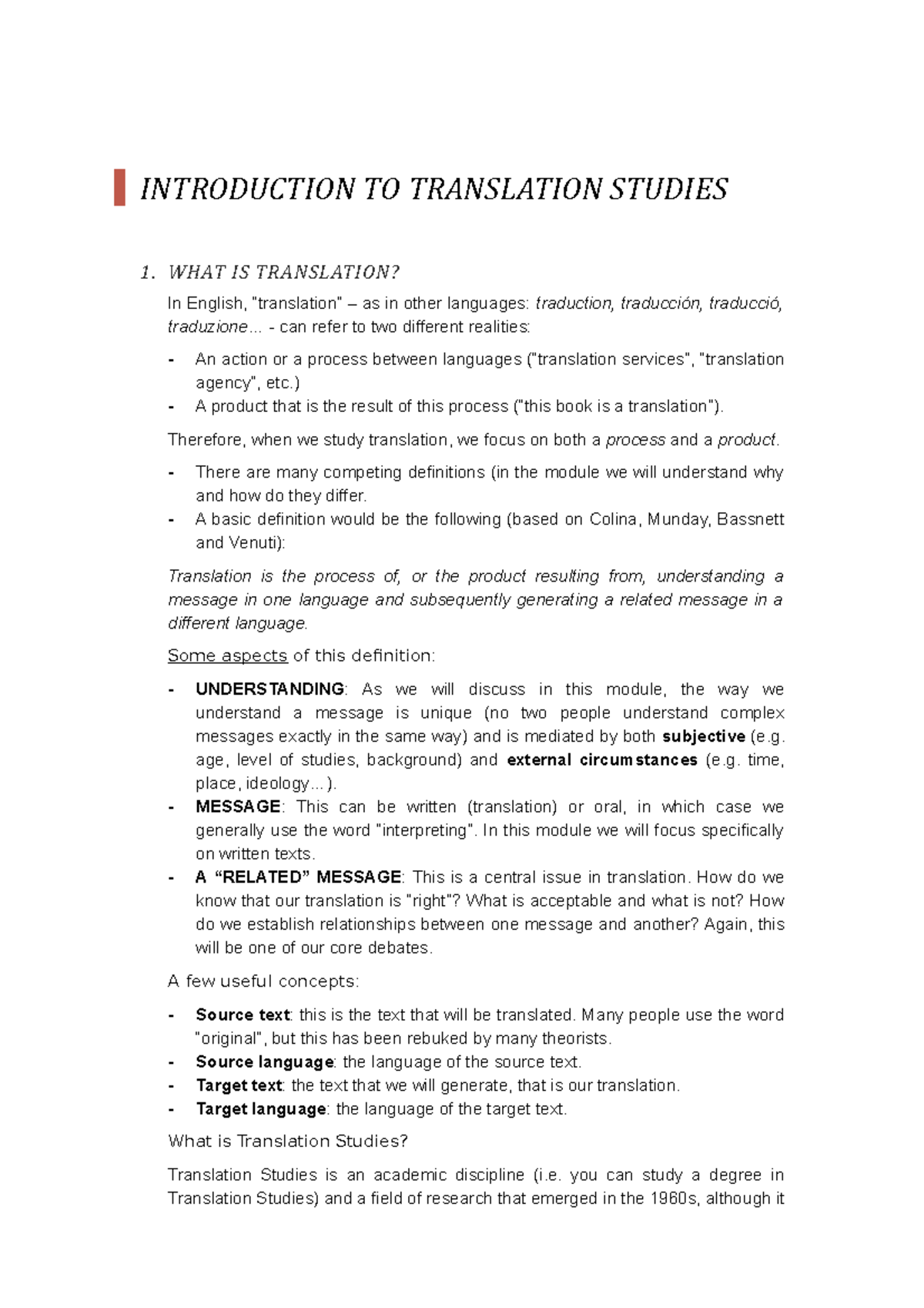 INTRODUCTION TO TRANSLATION STUDIES Notes - INTRODUCTION TO TRANSLATION ...