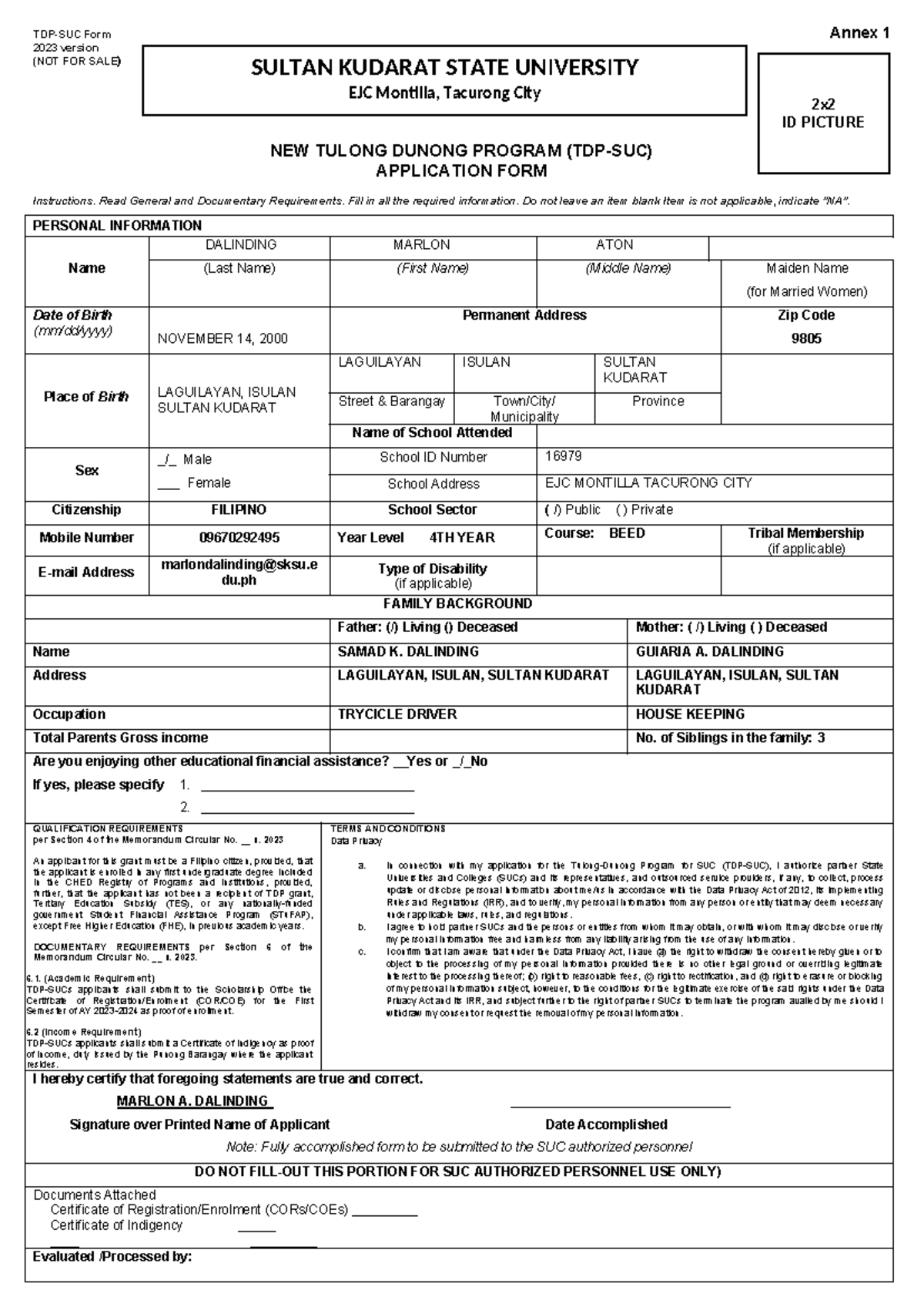 SKSU-TDP-SUC Annex 1 - TDP-SUC Application Formd - SULTAN KUDARAT STATE ...