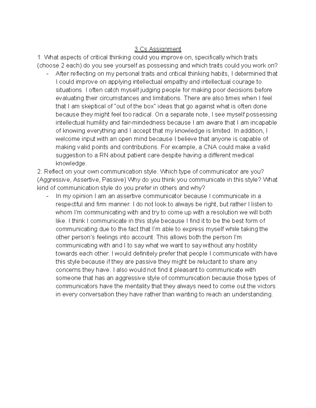 3 Cs Assignment - 3 Cs Assignment What aspects of critical thinking ...