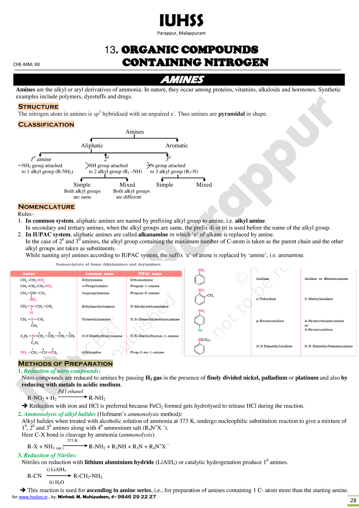 Hsslive XII Chemistry Amines note - for hsslive , by: Minhad. M ...