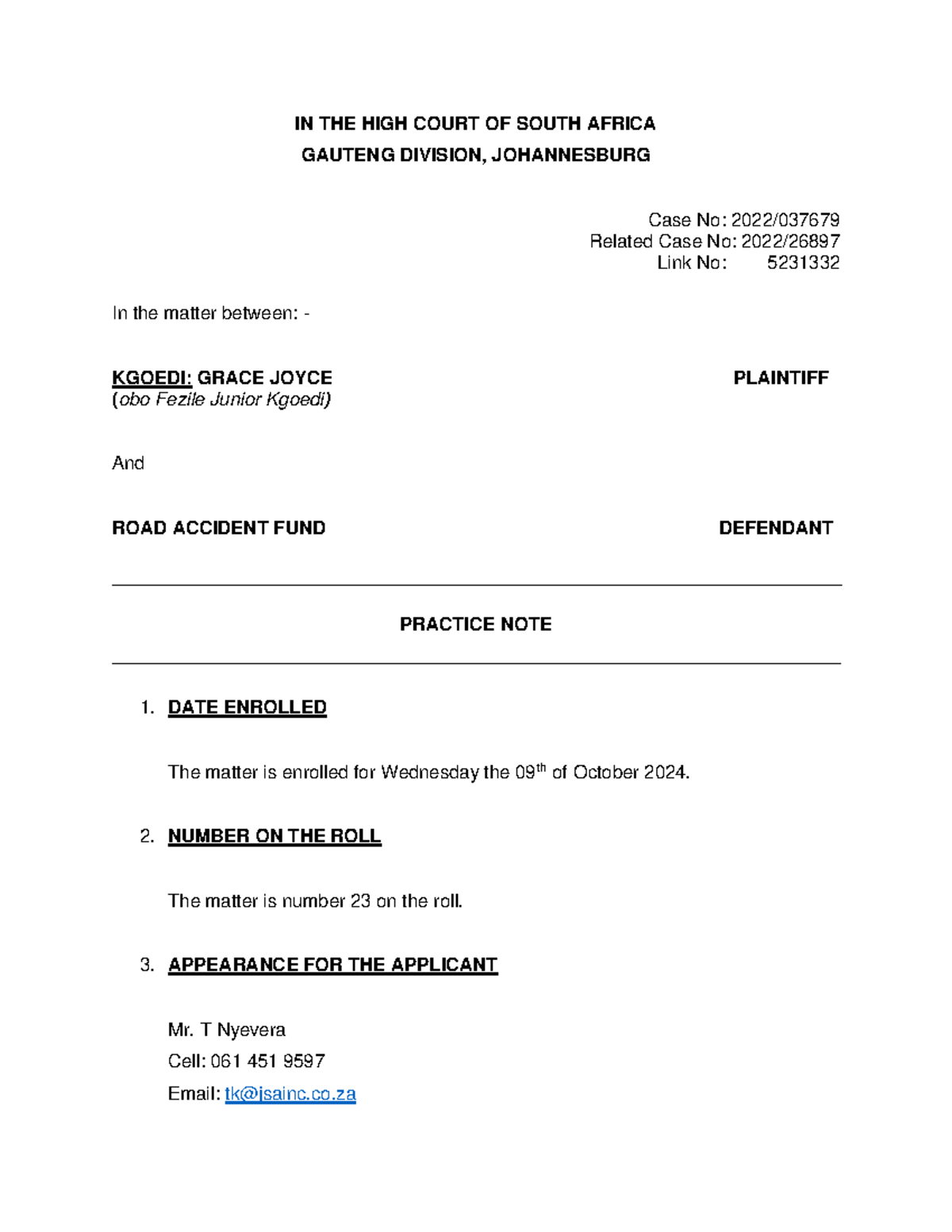 Practice Note - High Court - IN THE HIGH COURT OF SOUTH AFRICA GAUTENG ...