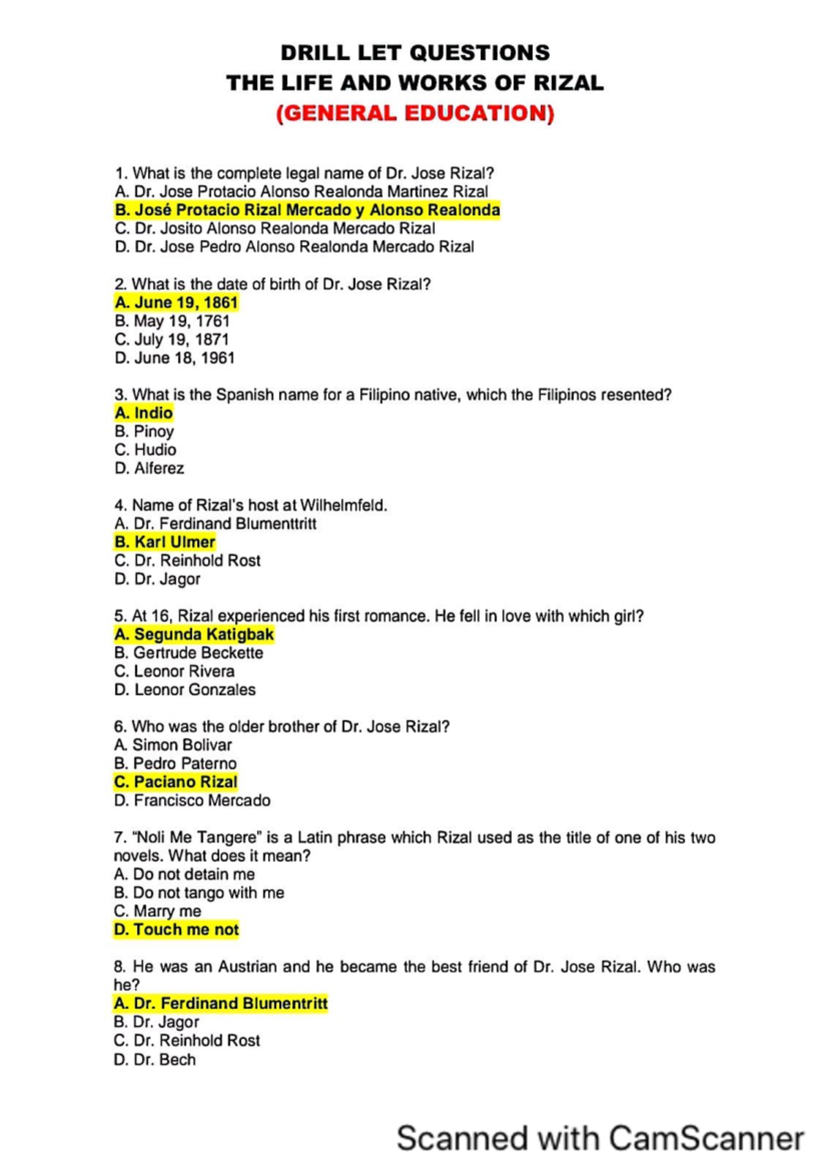 Rizal - DRILL LET QUESTIONS THE LIFE AND WORKS OF RIZAL (GENERAL ...