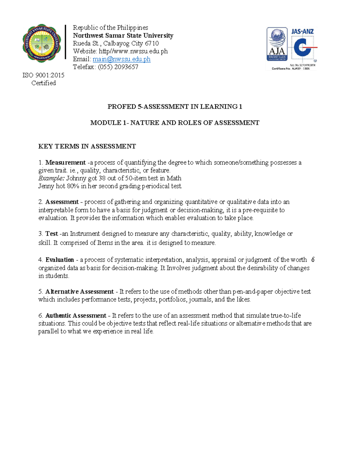 Module 1 - Nxlaamskd9wpqmskxo0wqjqkwododkwmdmcodo - PROFED 5-ASSESSMENT ...