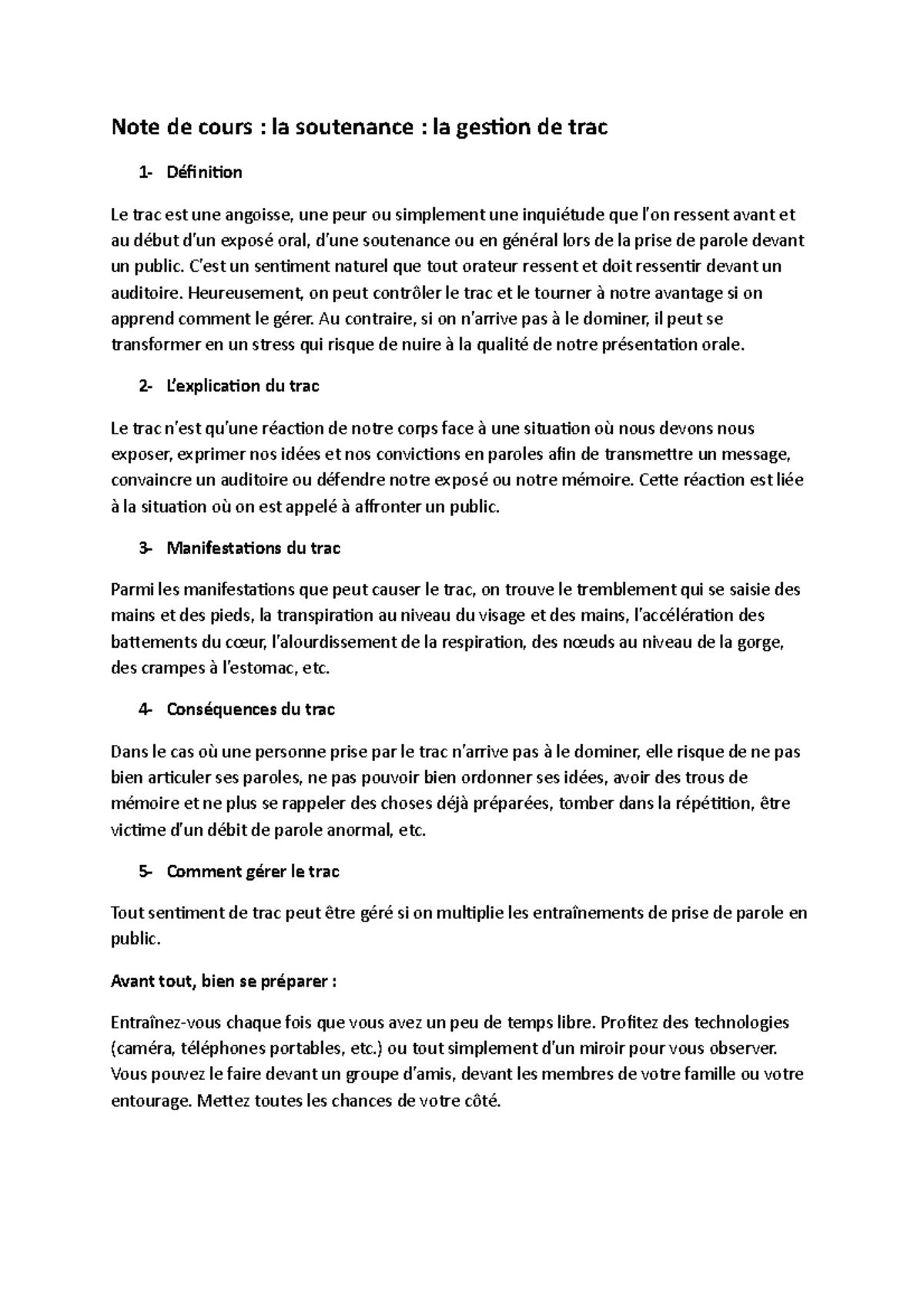 Note de cours-soutenance- la gestion de trac - Note de cours : la soutenance : la gestion de ...
