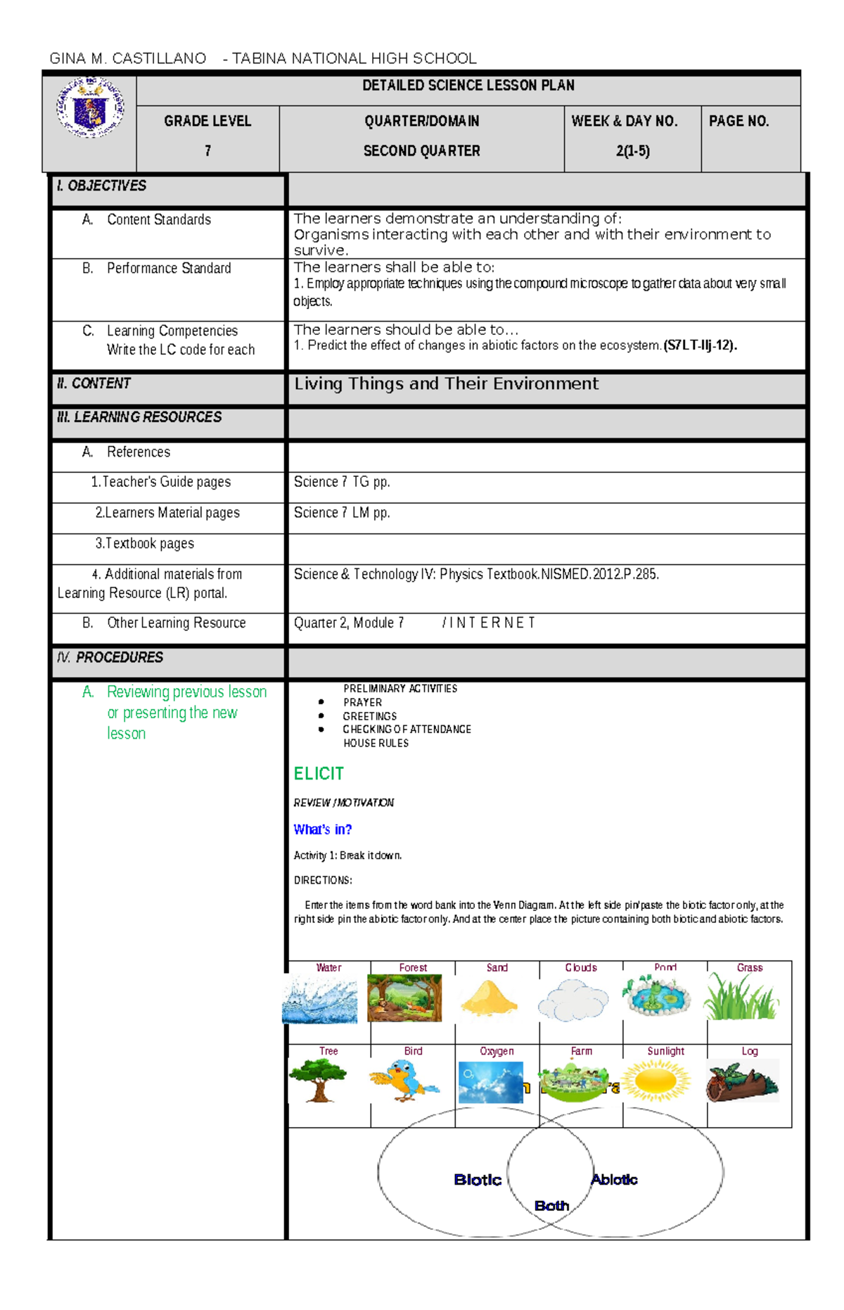 Abiotic and biotic g7 - LESSON PLAN - GINA M. CASTILLANO - TABINA NATIONAL HIGH SCHOOL DETAILED ...