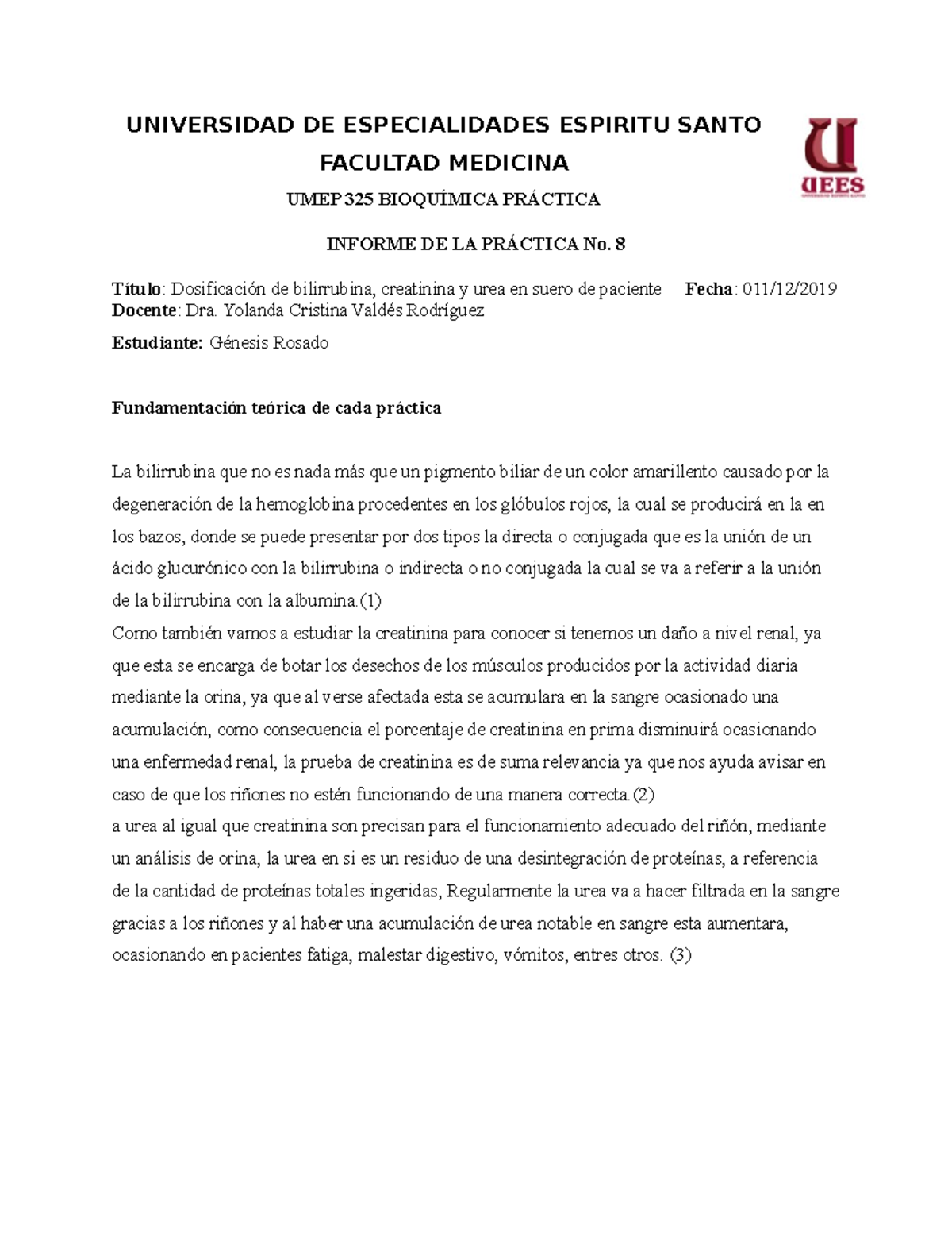 Bilirrubina urea y creatinina.docx genesis rosado - UNIVERSIDAD DE ...