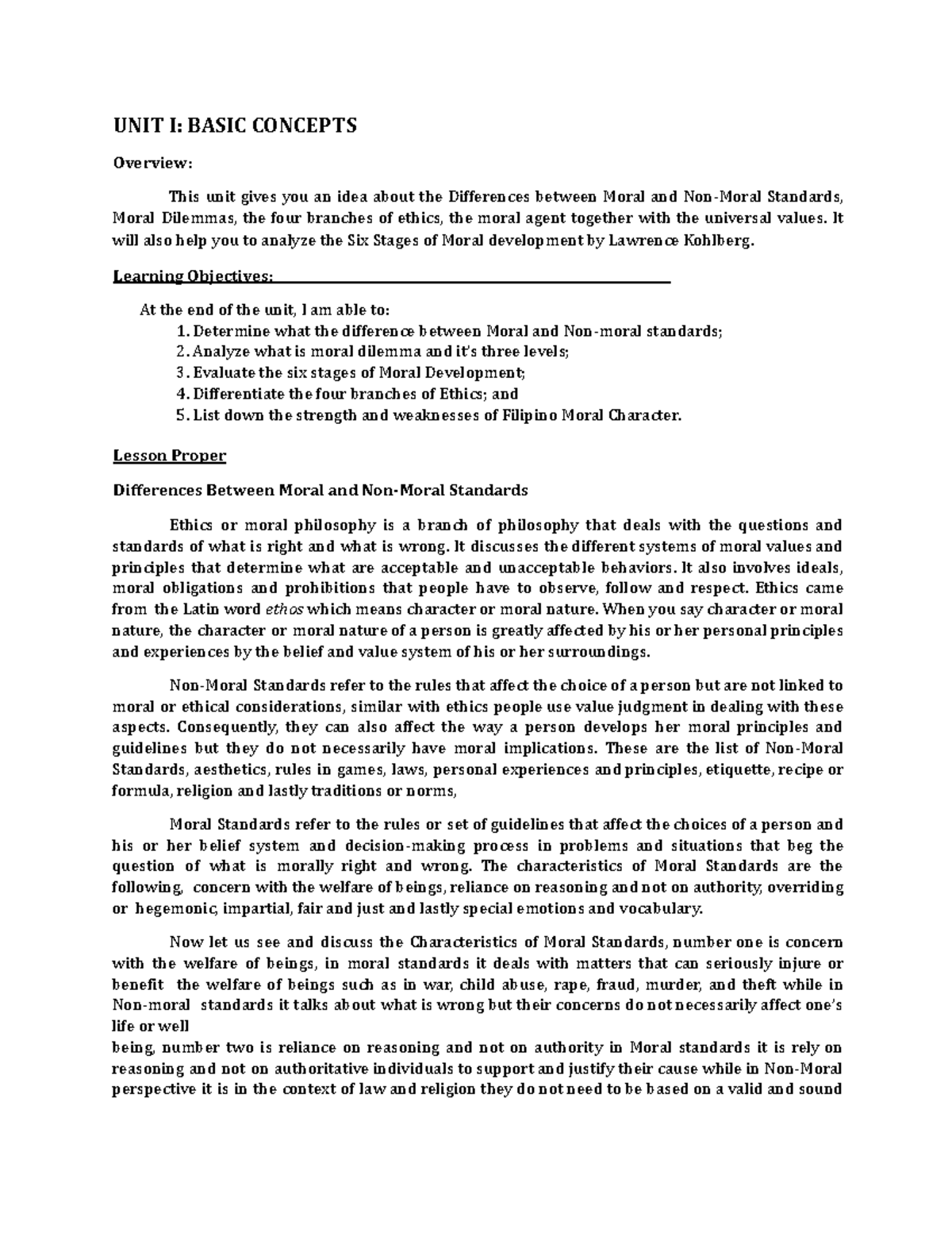 UNIT I- Basic Concepts - Ethics Module in Philosophy - UNIT I: BASIC CONCEPTS Overview: This ...