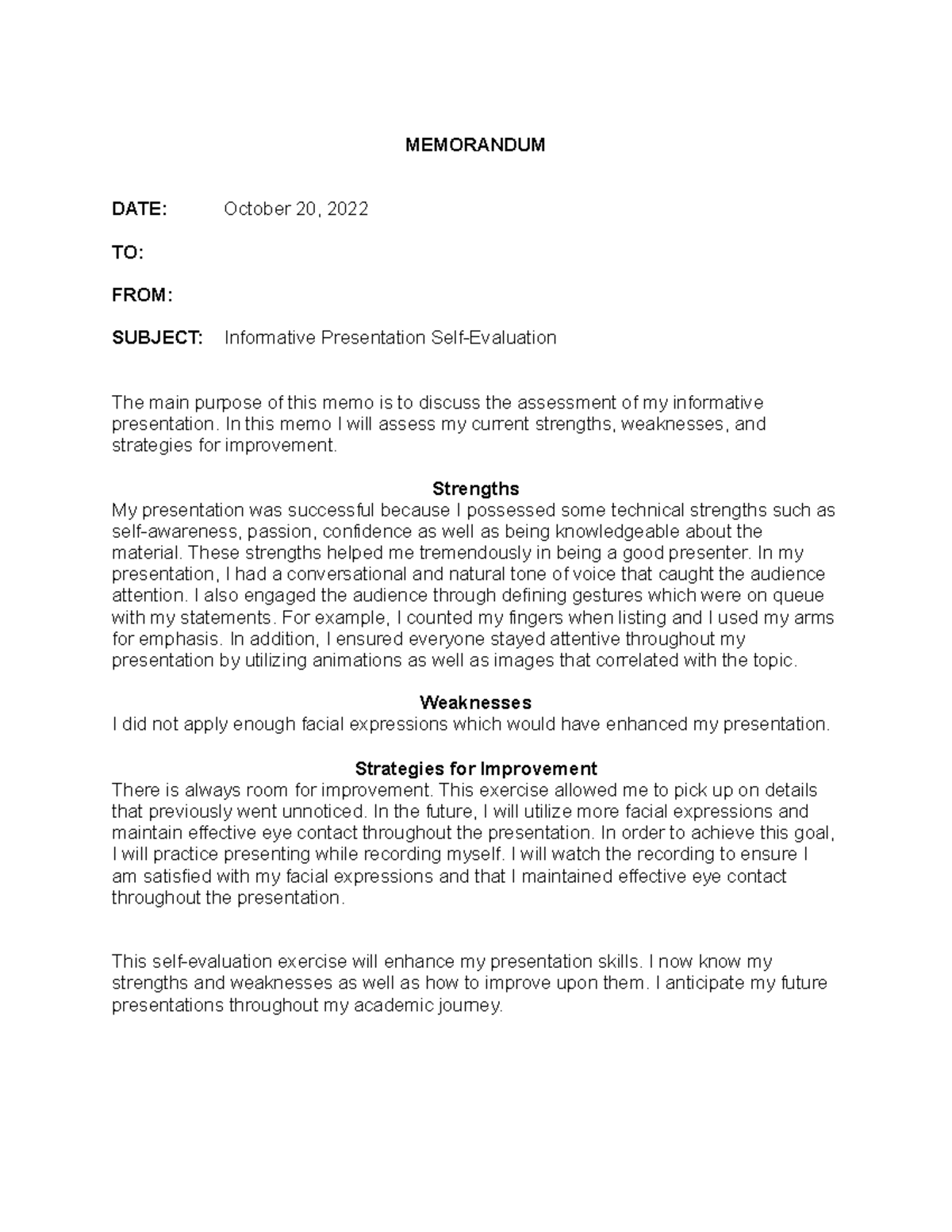 Memo - Homework - MEMORANDUM DATE: October 20, 2022 TO: FROM: SUBJECT ...