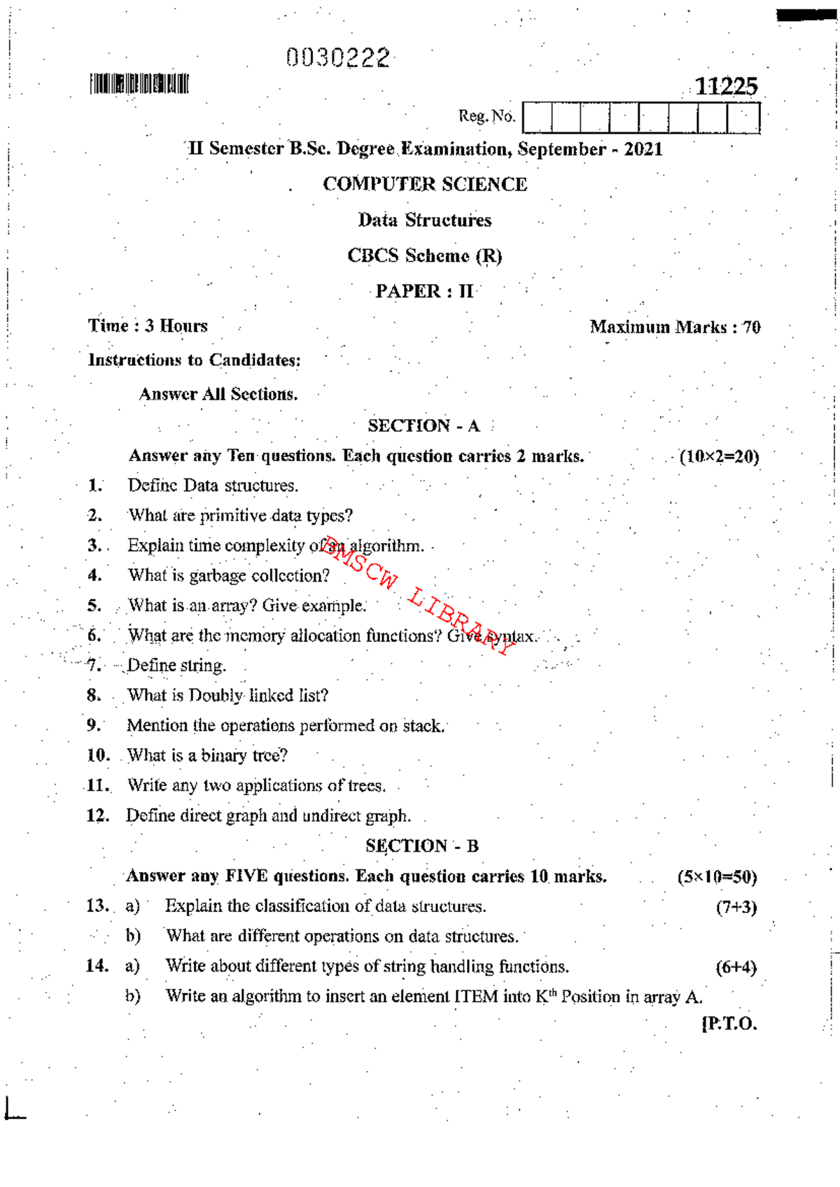 Computer Science ( Data Structure) - 11225 Reg. No. II Semester B. Degree Examination, September ...