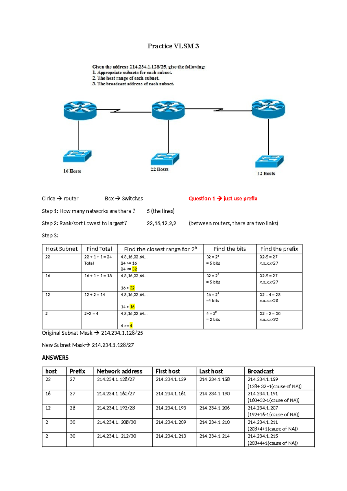 Lab 2.2 VLSM Practice - Practice VLSM 3 Cirlce router Box Switches ...
