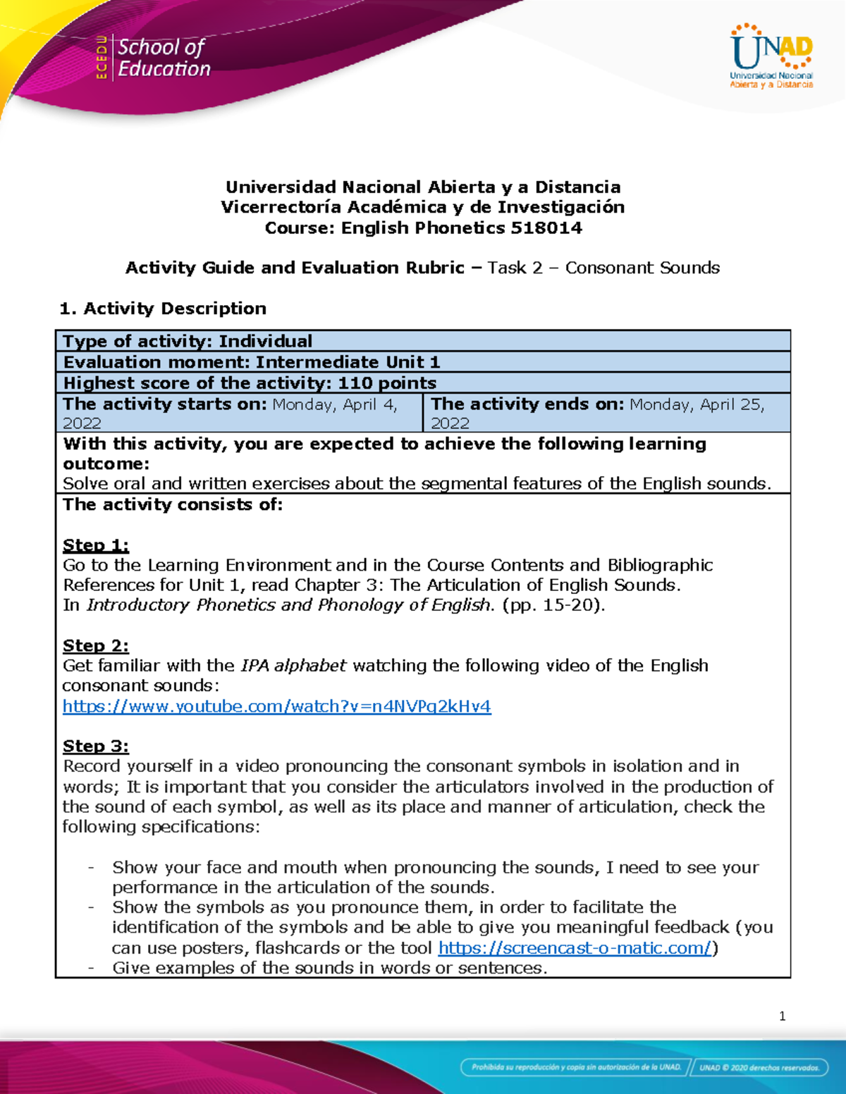 Activity guide and evaluation rubric - Unit 1 - Task 2 - Consonant ...