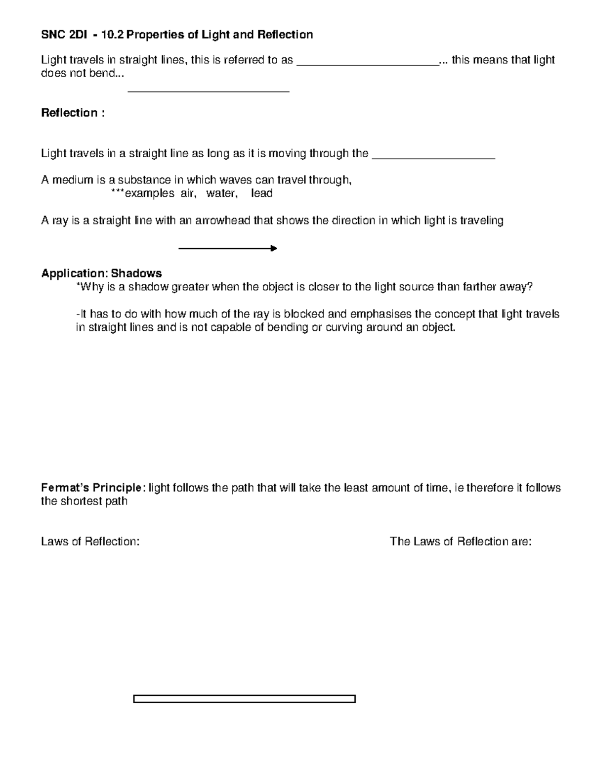 Notesgr 10optics - Optics notes - SNC 2DI - 10 Properties of Light and ...