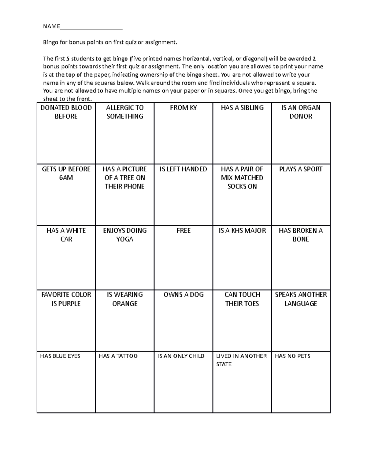 First DAY Bingo - NAME___________________ Bingo for bonus points on ...