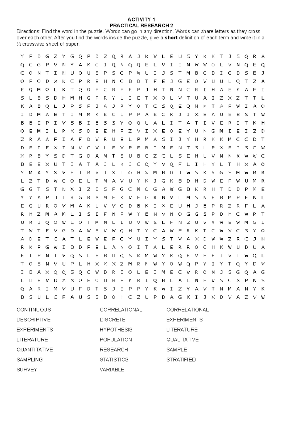 Activity 1 pr2 - JHNNNNNNNNNNNNNNNNNNNN - ACTIVITY 1 PRACTICAL RESEARCH 2 Directions: Find the ...