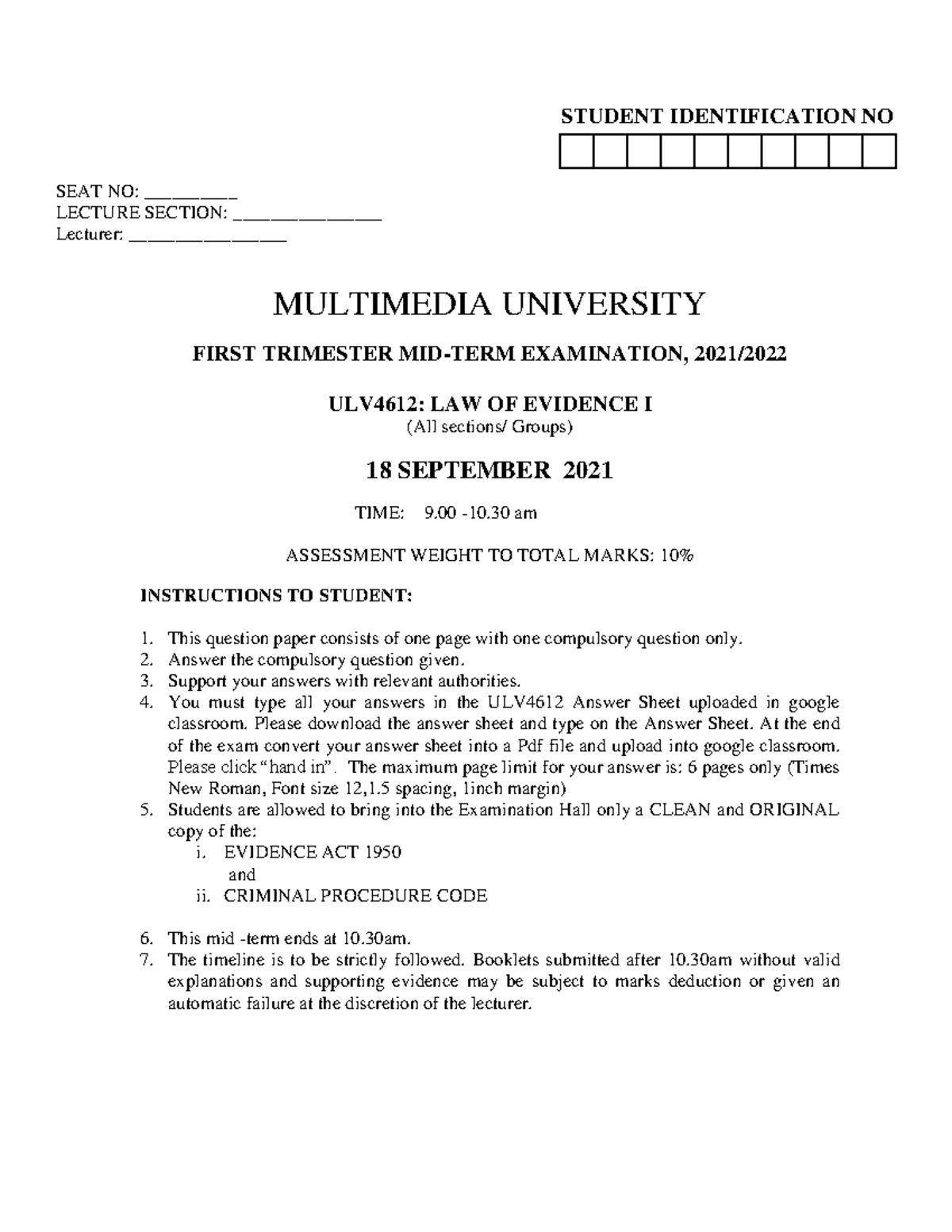 Evidence 1 Midterm MMU - SEAT NO: __________ LECTURE SECTION ...