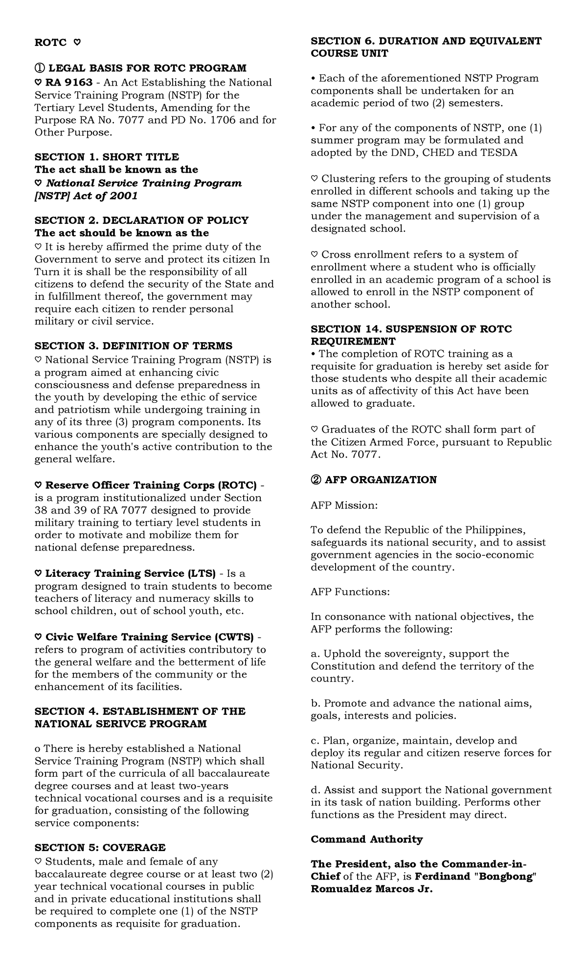 ROTC- Reviewer - ROTC ♡ ① LEGAL BASIS FOR ROTC PROGRAM ♡ RA 9163 - An ...