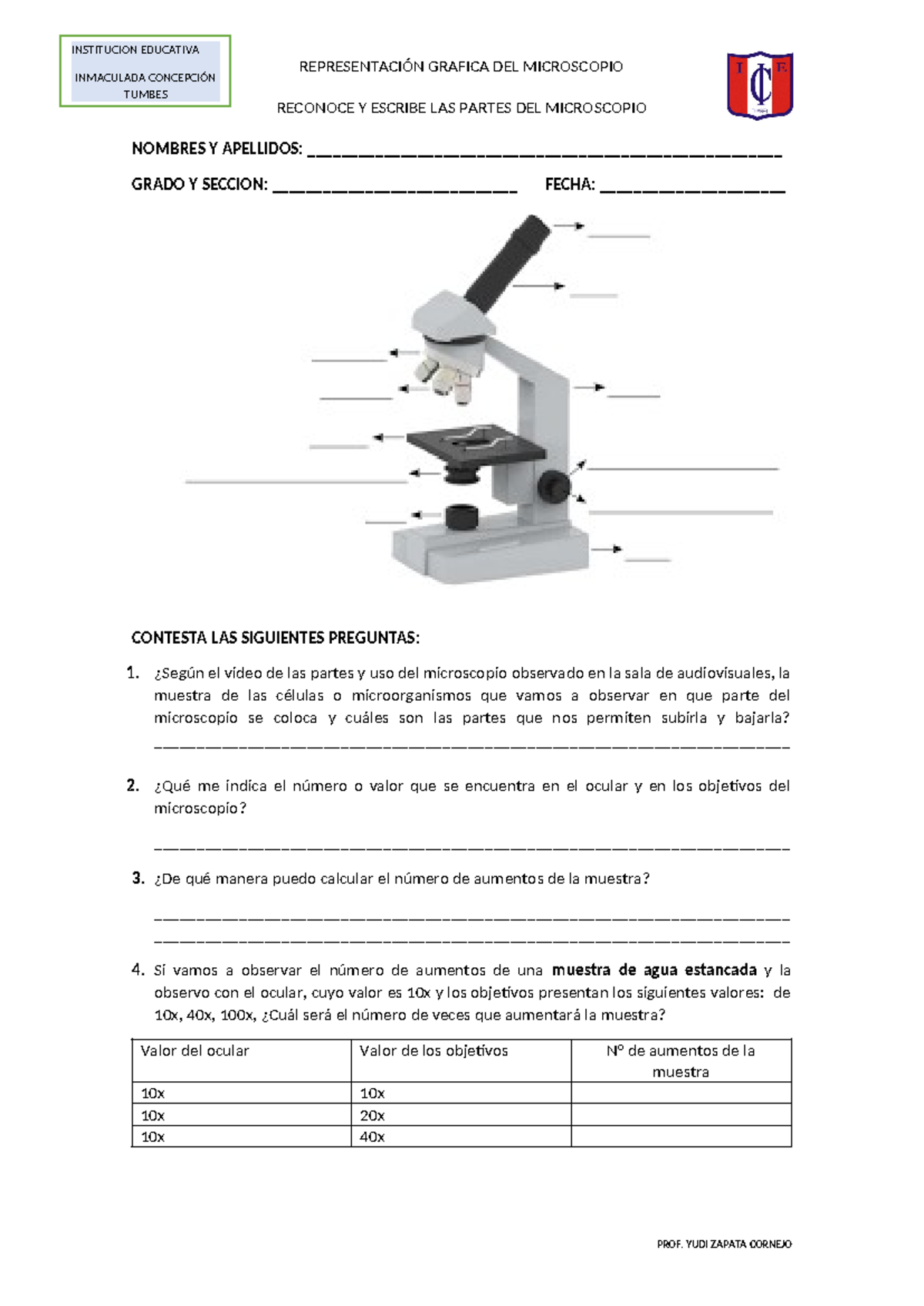Ficha DE Partes DEL Microscopio 1° DE Secundaria - INSTITUCION ...