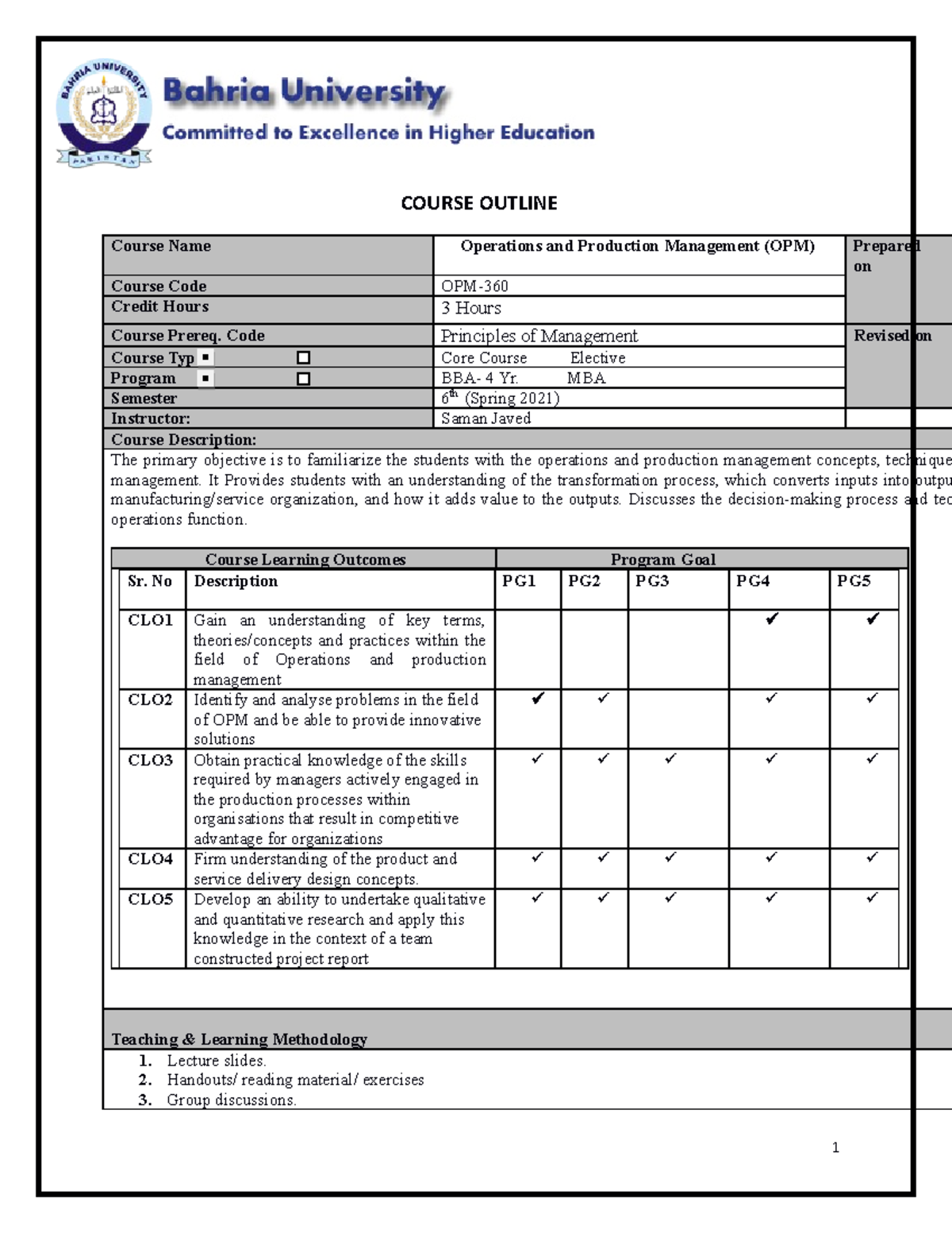 OPM Course Outline Spring 2021 08032021 105901 am - Business Research ...