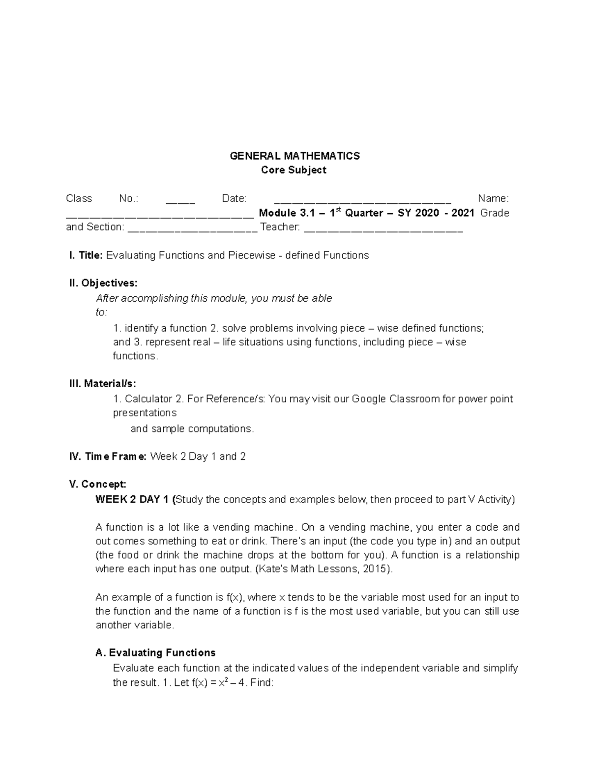 Copy of Gen Math.Q1Module 3 - GENERAL MATHEMATICS Core Subject Class No ...