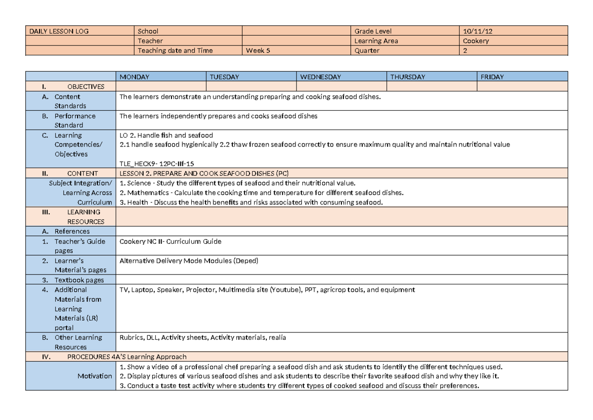 Cookery 10-12-Q2-DLL-Week 5 - DAILY LESSON LOG School Grade Level 10/11 ...
