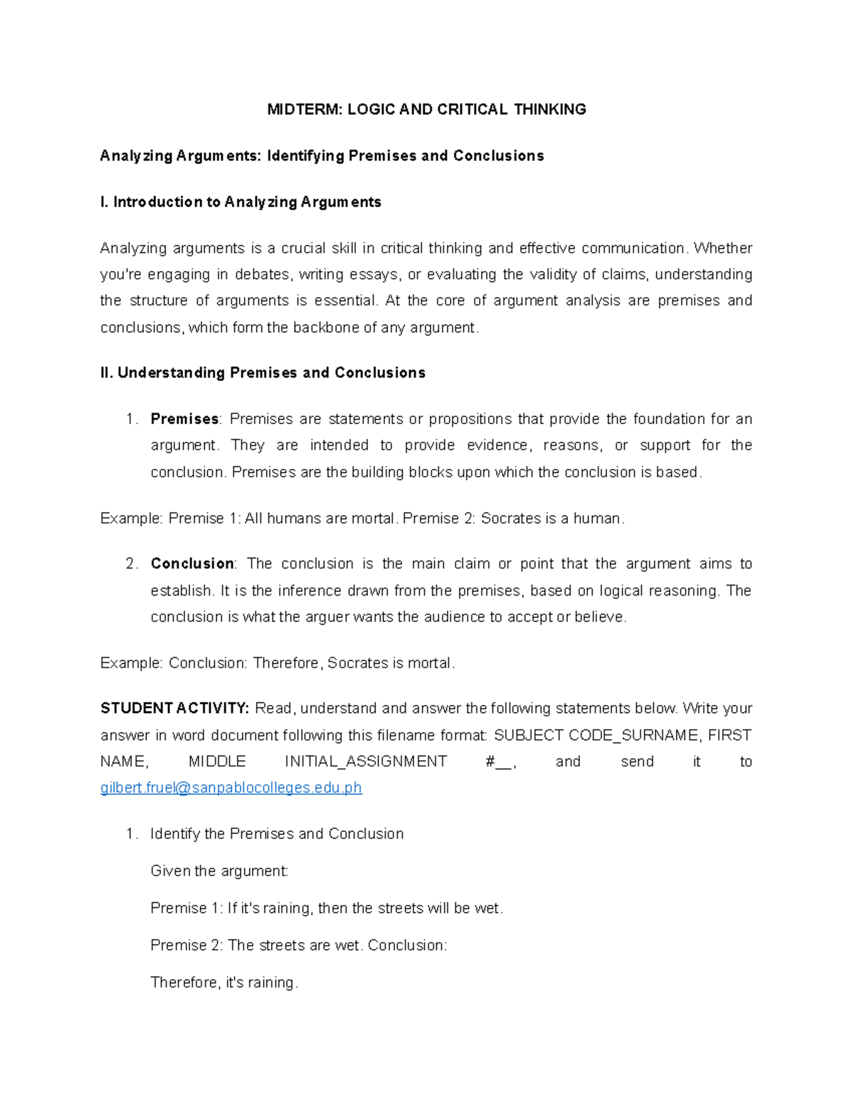 Logic Lesson 1 TO 3 FOR Students - MIDTERM: LOGIC AND CRITICAL THINKING Analyzing Arguments ...