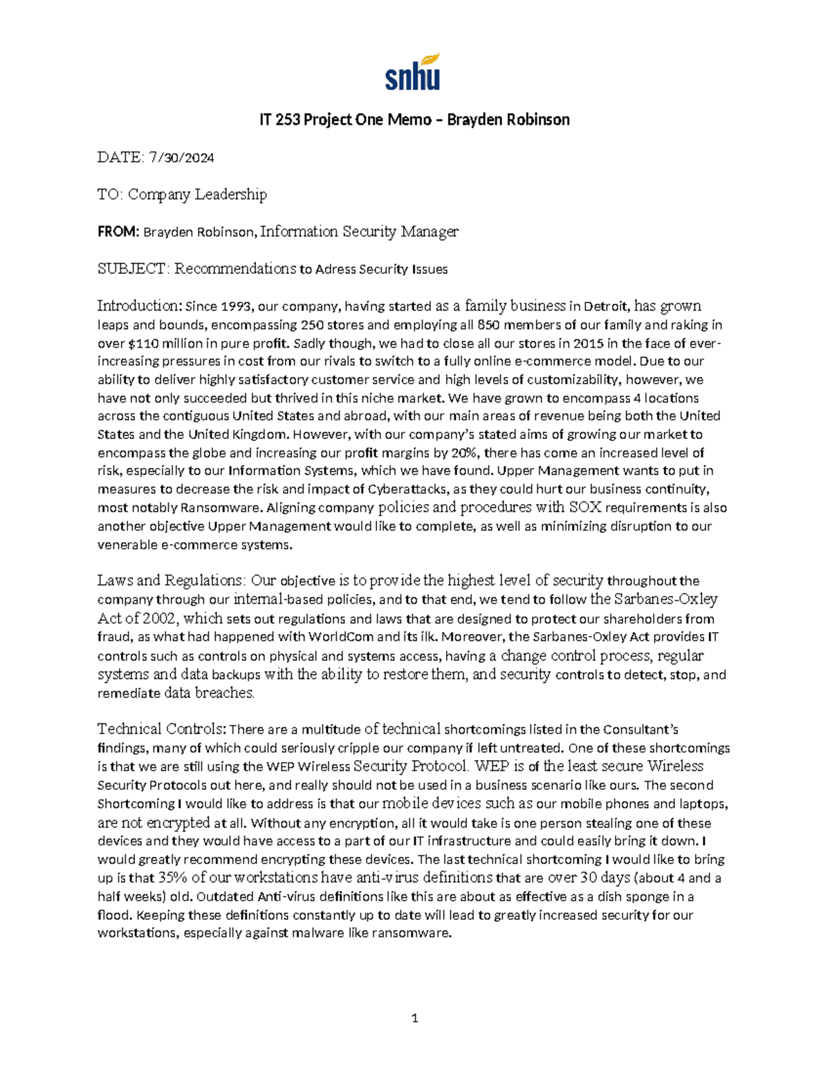 IT 253 Project One Memo - Brayden Robinson - IT 253 Project One Memo ...