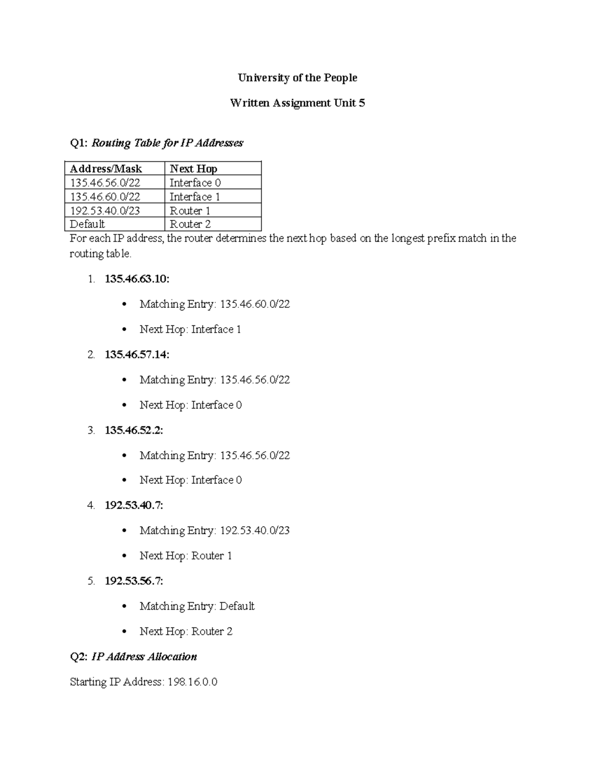 Written Assignment Unit 5 - University of the People Written Assignment Unit 5 Q1: Routing Table ...