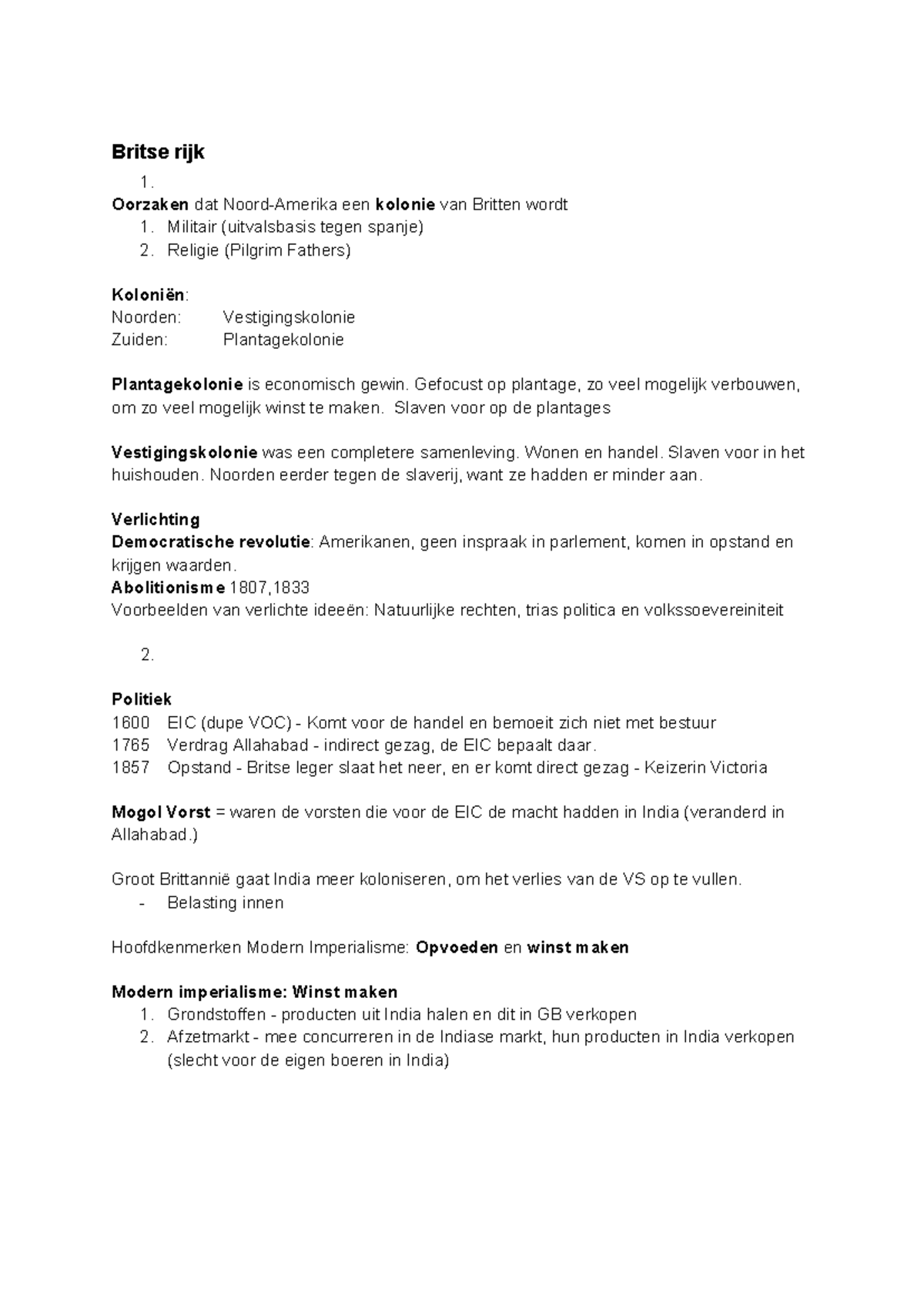 Geschiedenis HC kort samengevat - Britse rijk 1. Oorzaken dat Noord ...