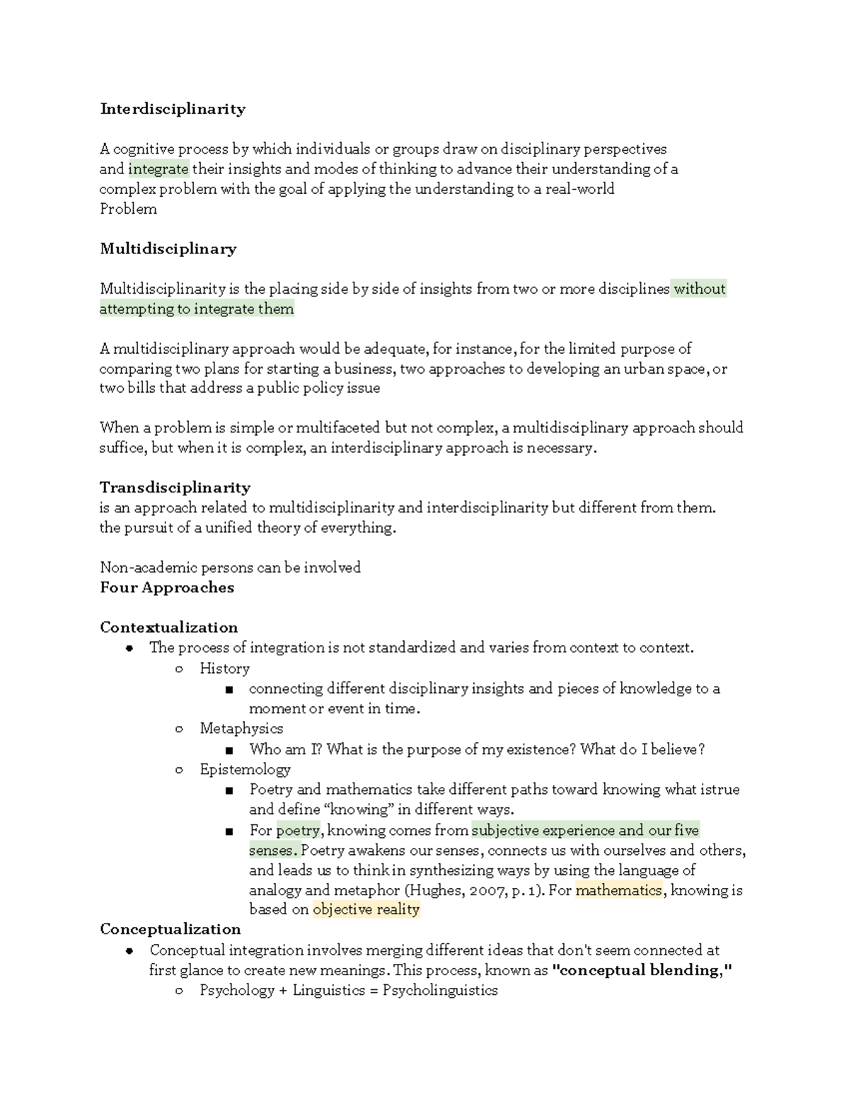 NOTES for elective - Interdisciplinarity A cognitive process by which ...