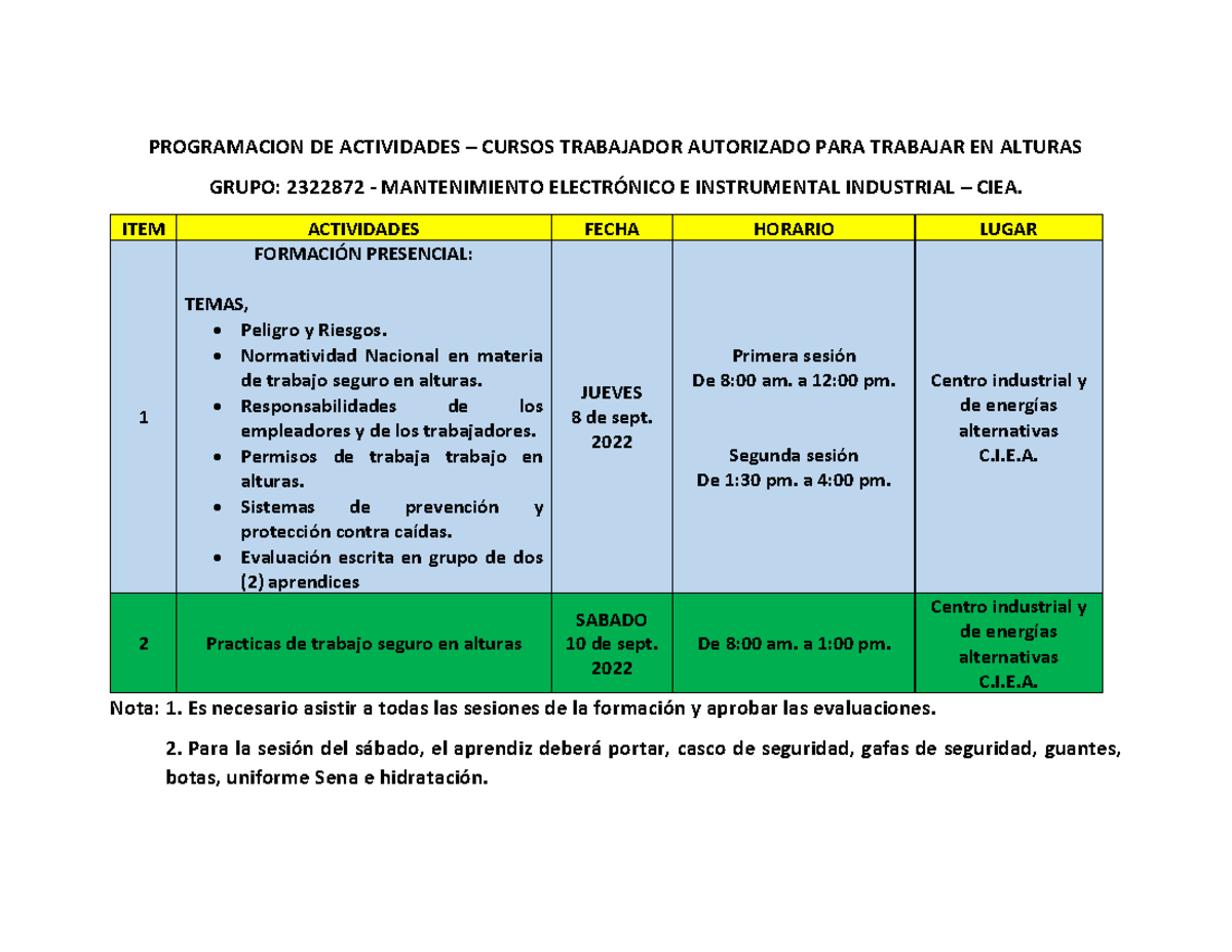 Programacion DE Actividades - PROGRAMACION DE ACTIVIDADES – CURSOS TRABAJADOR AUTORIZADO PARA ...