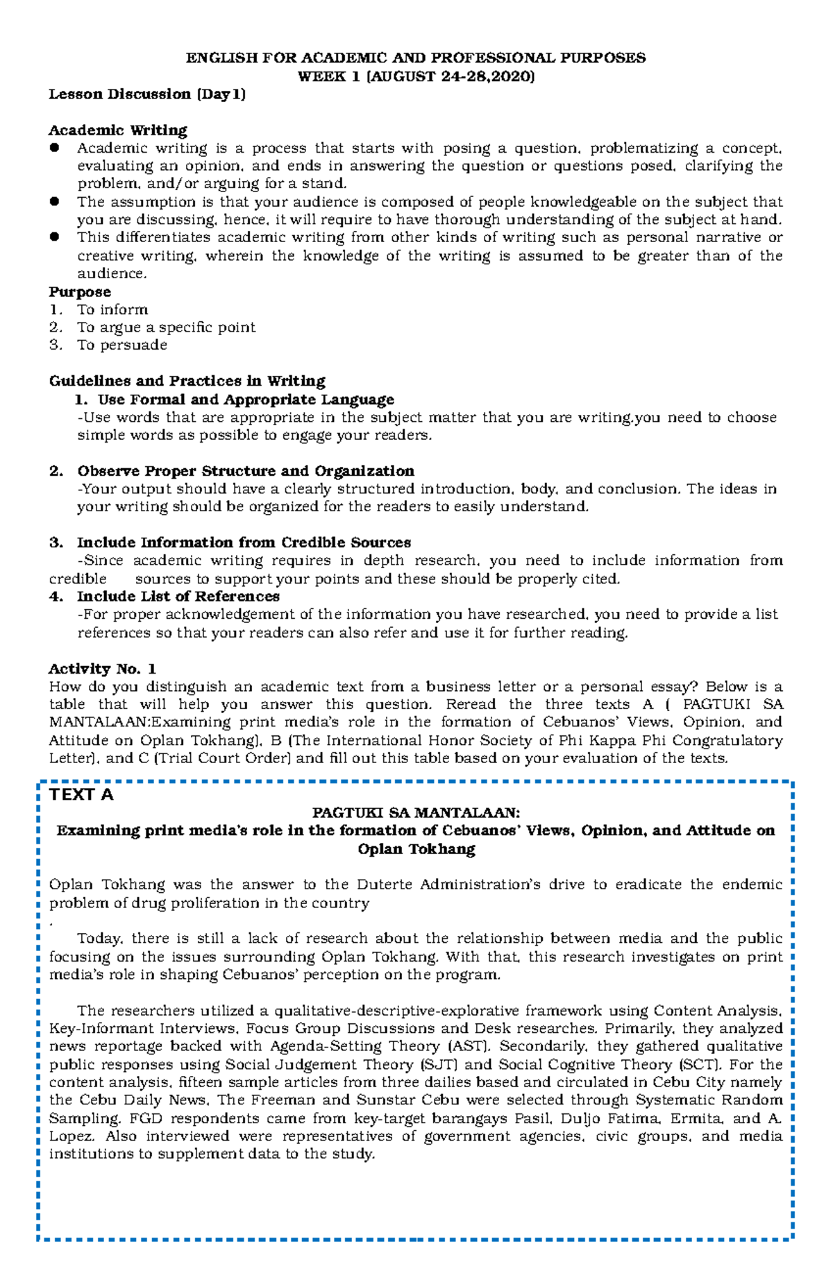 Week 1 - Lecture notes 1 - ENGLISH FOR ACADEMIC AND PROFESSIONAL ...