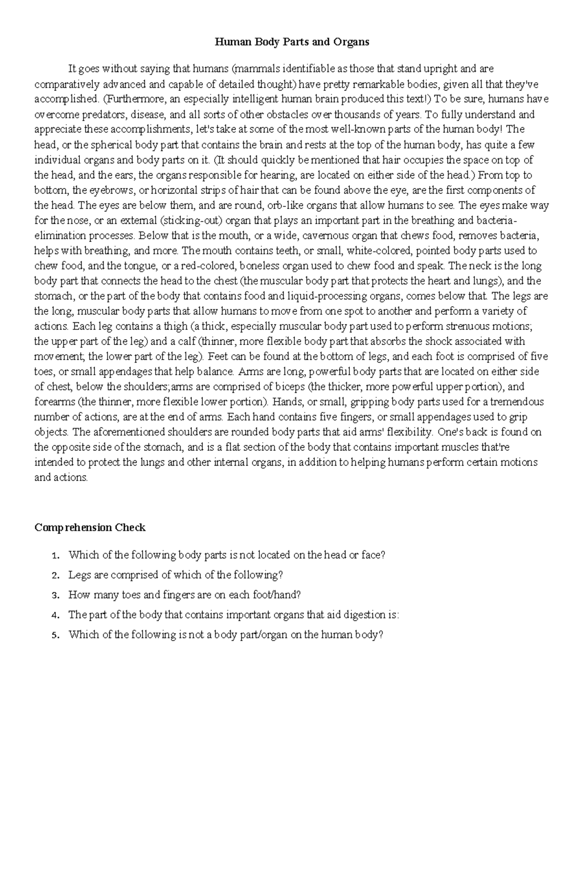 Reading with comprehension check - Human Body Parts and Organs It goes ...