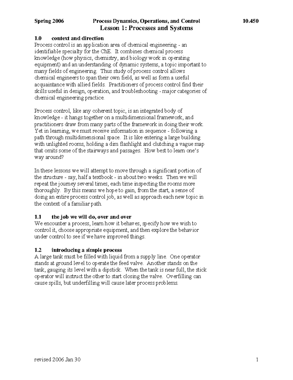 Systems Control - Spring 2006 Process Dynamics, Operations, and Control 10 Lesson 1: Processes ...