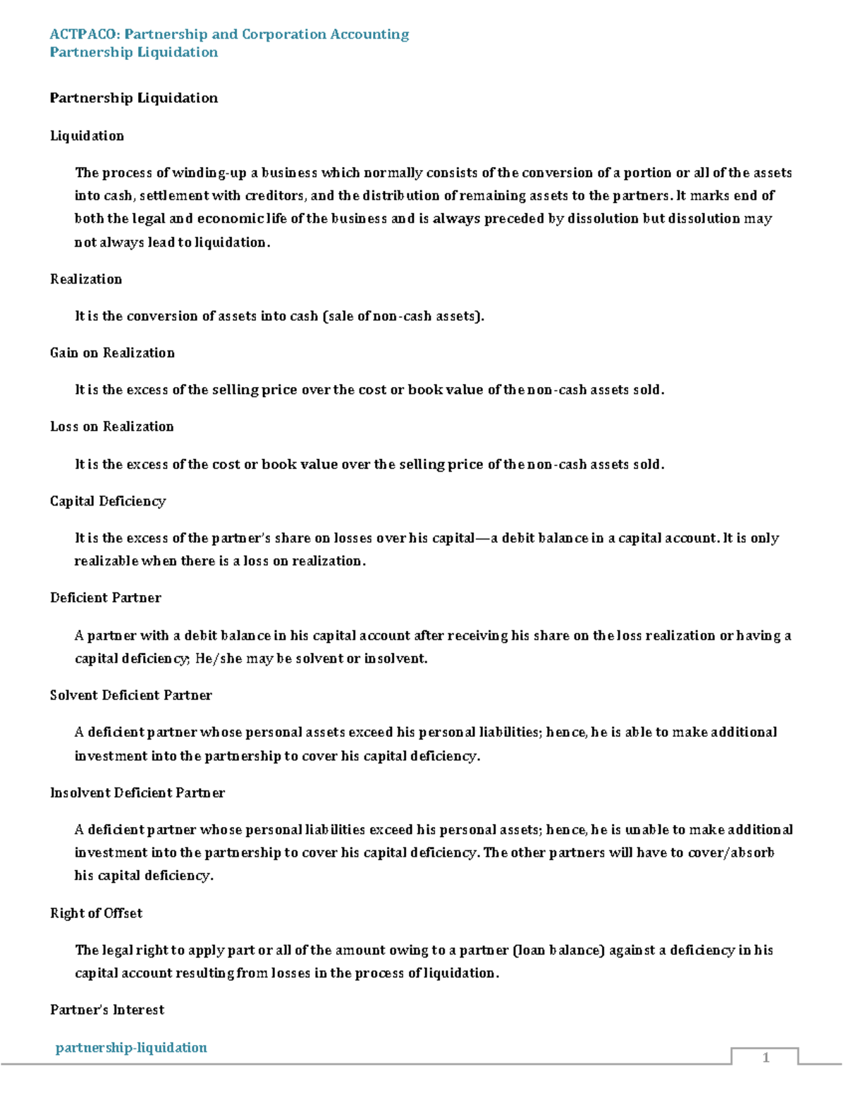 Liquidation - notes - ACTPACO: Partnership and Corporation Accounting ...
