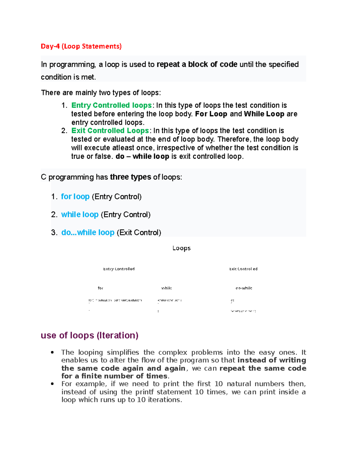 Day-4 Looping Statements - Day-4 (Loop Statements) In programming, a loop is used to repeat a ...