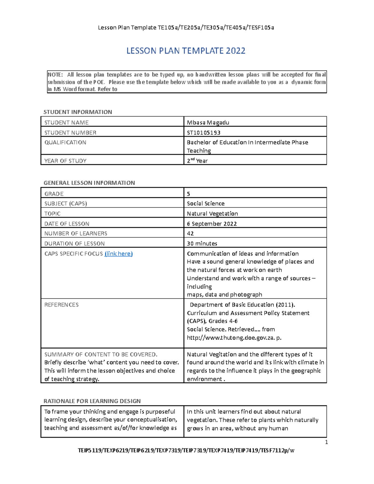 Social Science Lesson Plan 5 September LESSON PLAN TEMPLATE 2022